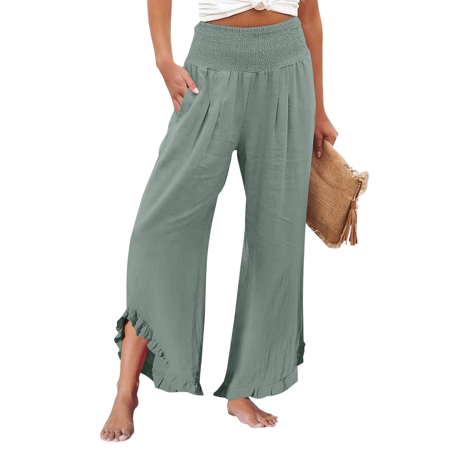 Sxaura Trendy Flowy Palazzo Pants for Women Flowy Pleated Beach Summer ...