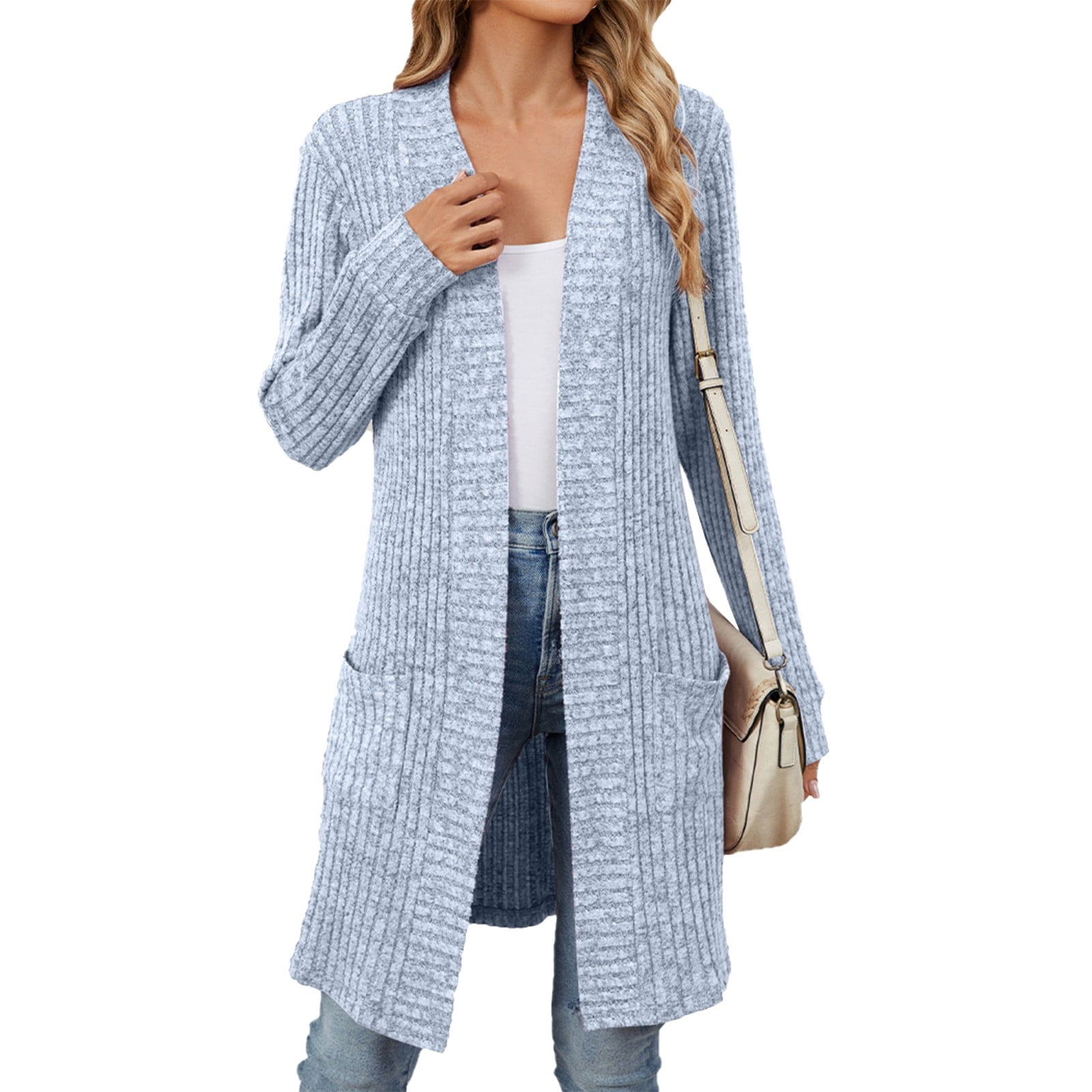 Sxaura Trendy Long Cardigans for Women Blue Loose Long Sleeve Long ...