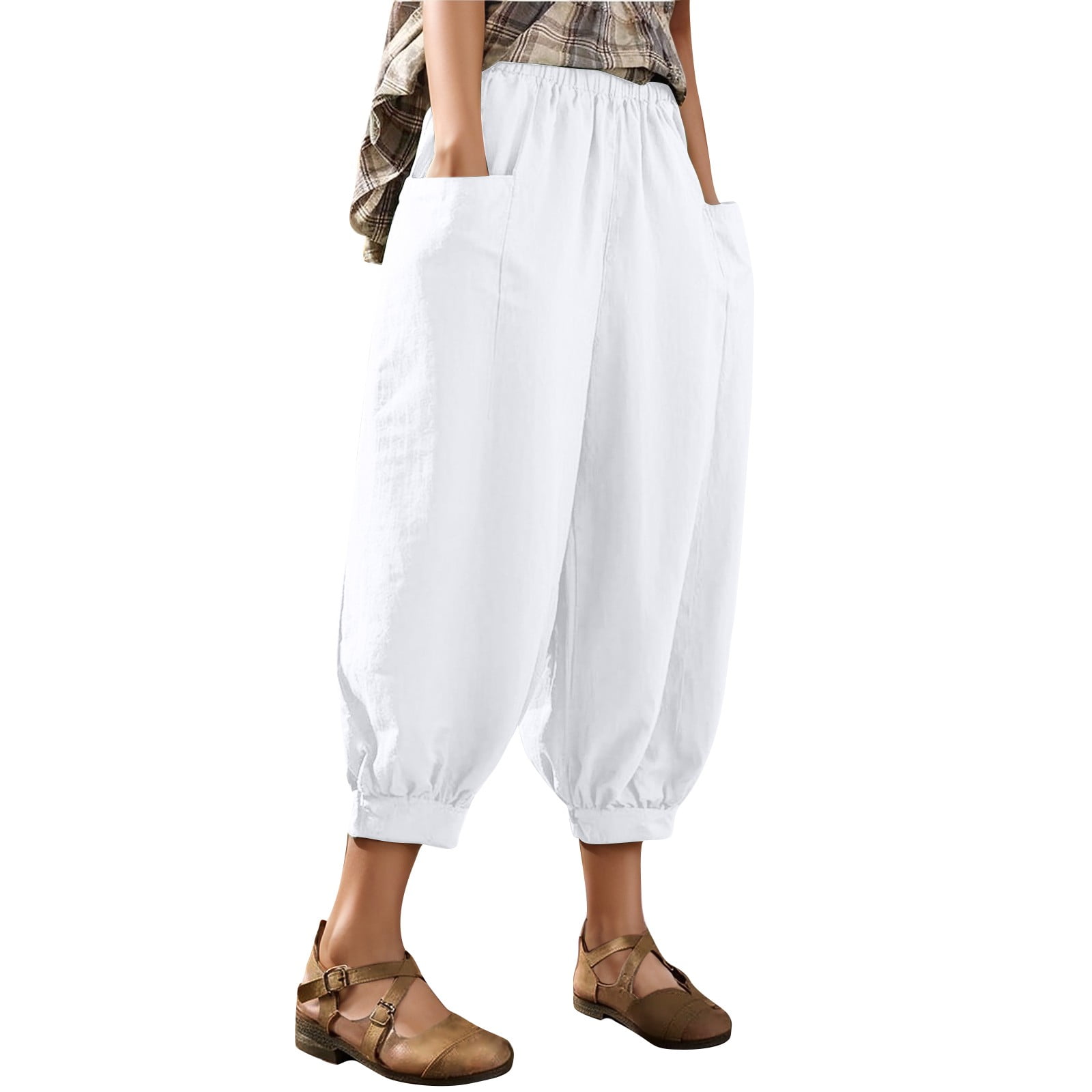 Sxaura White Linen Capri Pants for Women Trendy Loose 2025 Plus Size ...