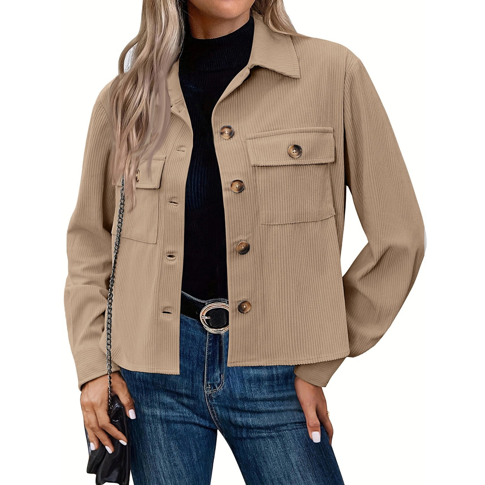 Sxaura Women Basic Corduroy Jacket Beige Trendy Solid Color Cropped Button Down Jackets Coats ...