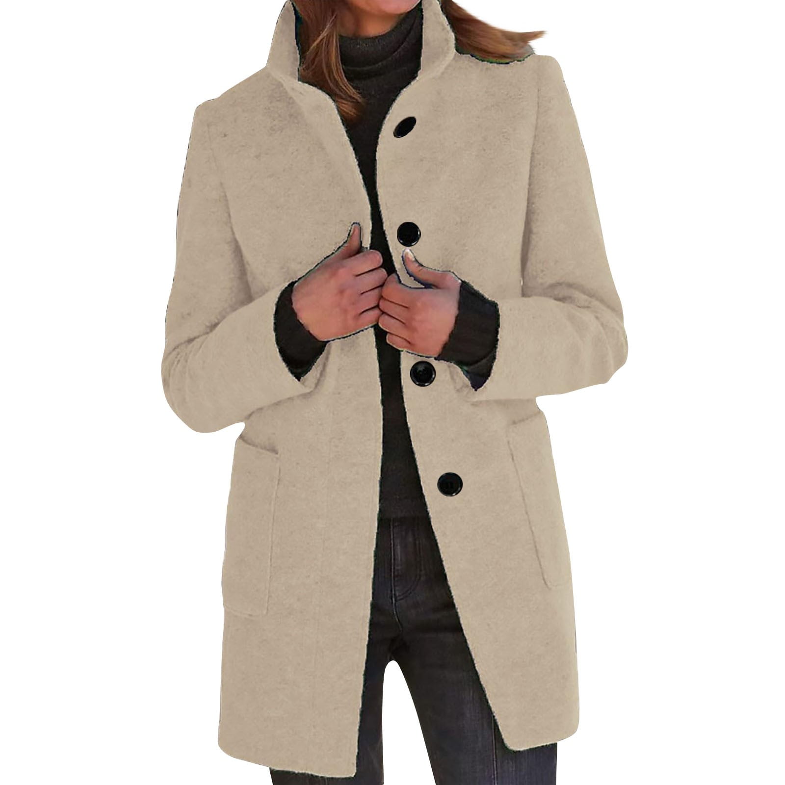 Sxaura Women Basic Fleece Wool Pea Coats Trendy Beige Wool Sherpa Solid ...