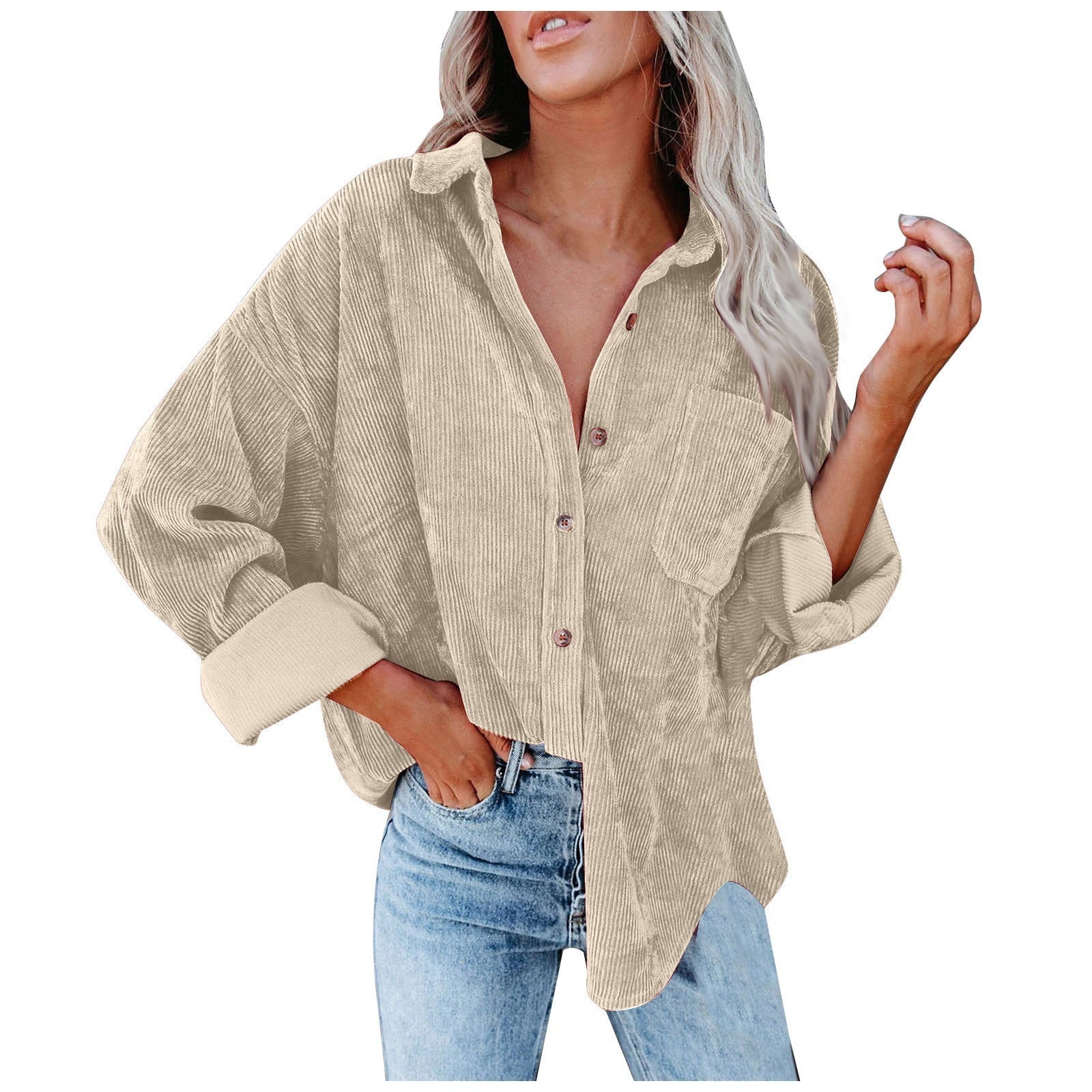 Sxaura Women Corduroy Coats Beige Trendy Basic Long Solid Color Jackets ...