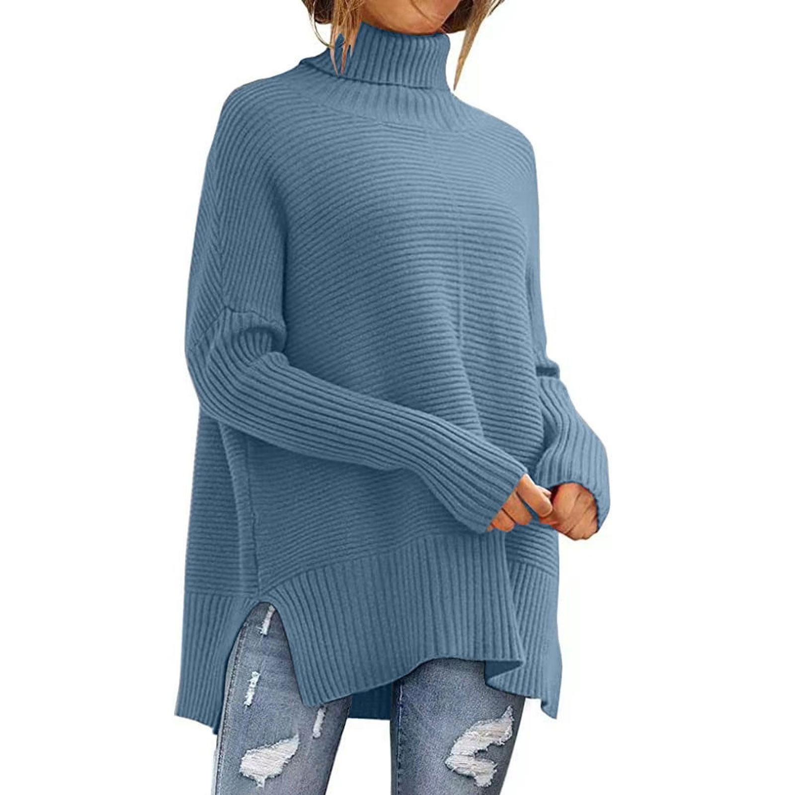 Sxaura Women Trendy Knit Sweater Basic Blue Loose Mesh Bat Batwing ...