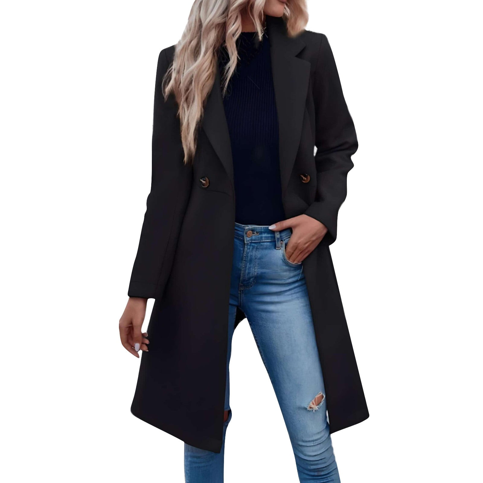 Sxaura Women's Button Down Fleece Wool Pea Coats Black Trendy Wool ...