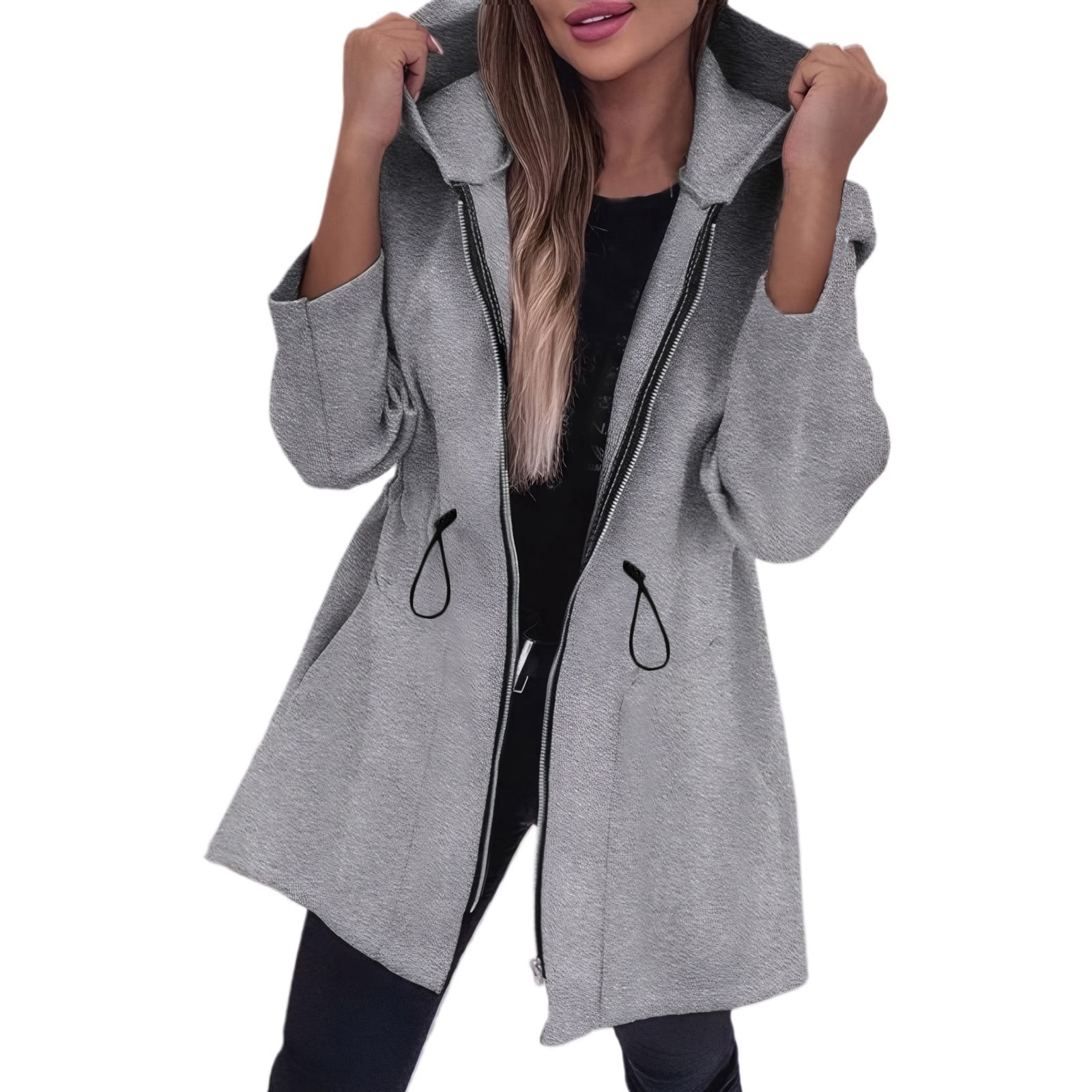Sxaura Women's Hooded Fleece Wool Trench Coat Trendy Gray Spring Winter ...