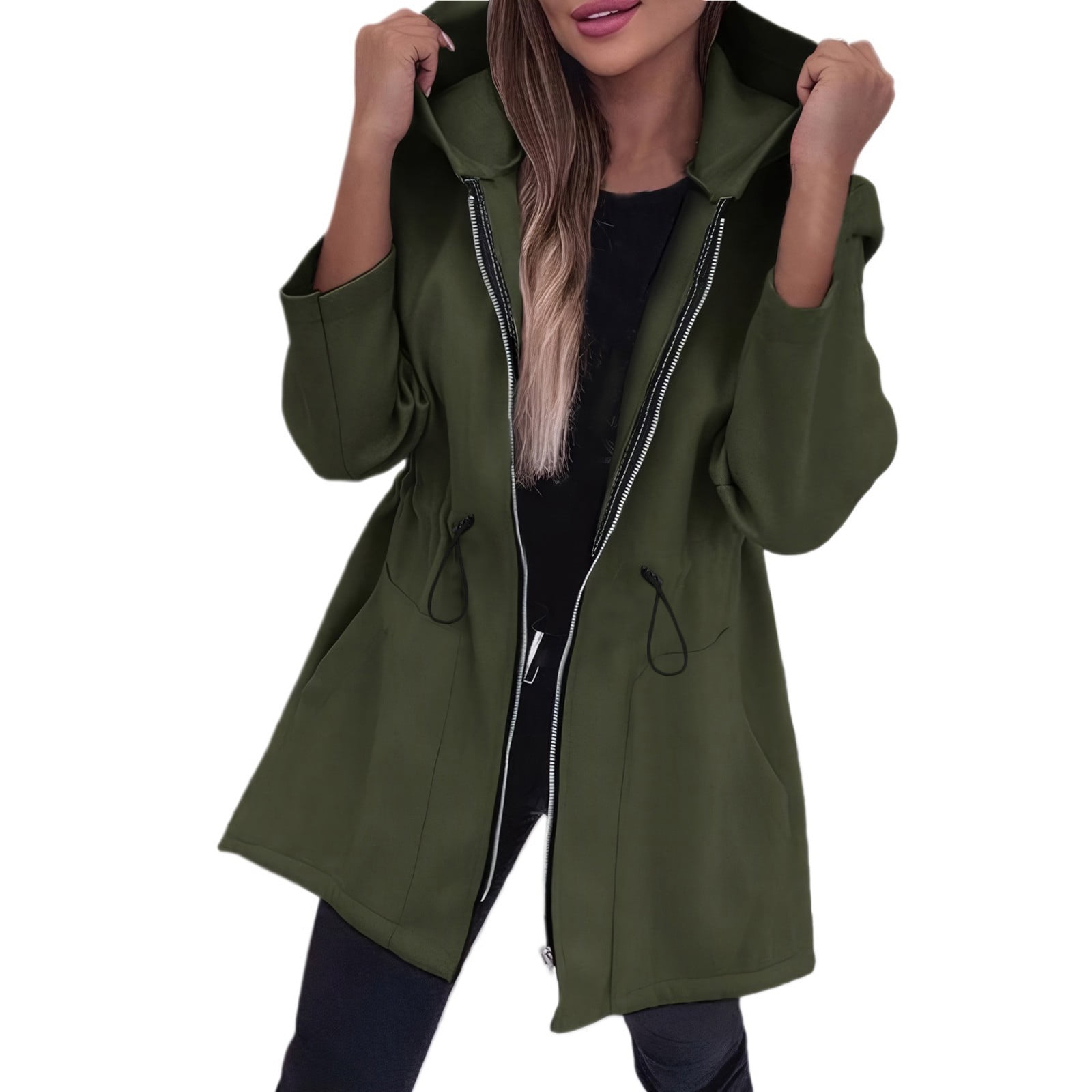 Sxaura Women's Hooded Fleece Wool Trench Coat Trendy Green Spring ...