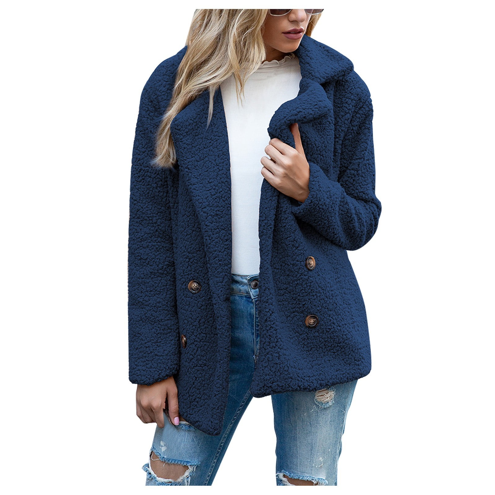 Sxaura Women's Trendy Fleece Sherpa Jacket Blue Fuzzy Heavyweight ...