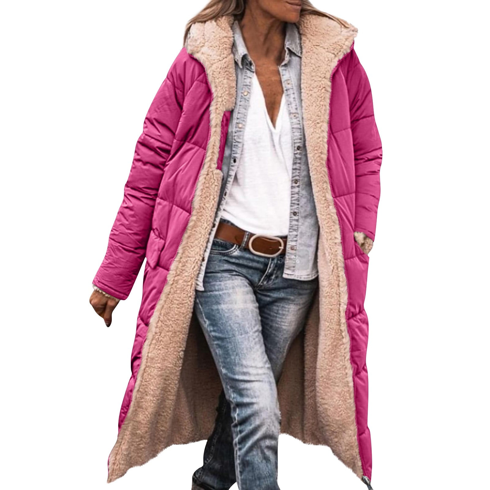 Sxaura Womens Pink Hooded Parka Jacket Trendy Patchwork Hooded Long ...