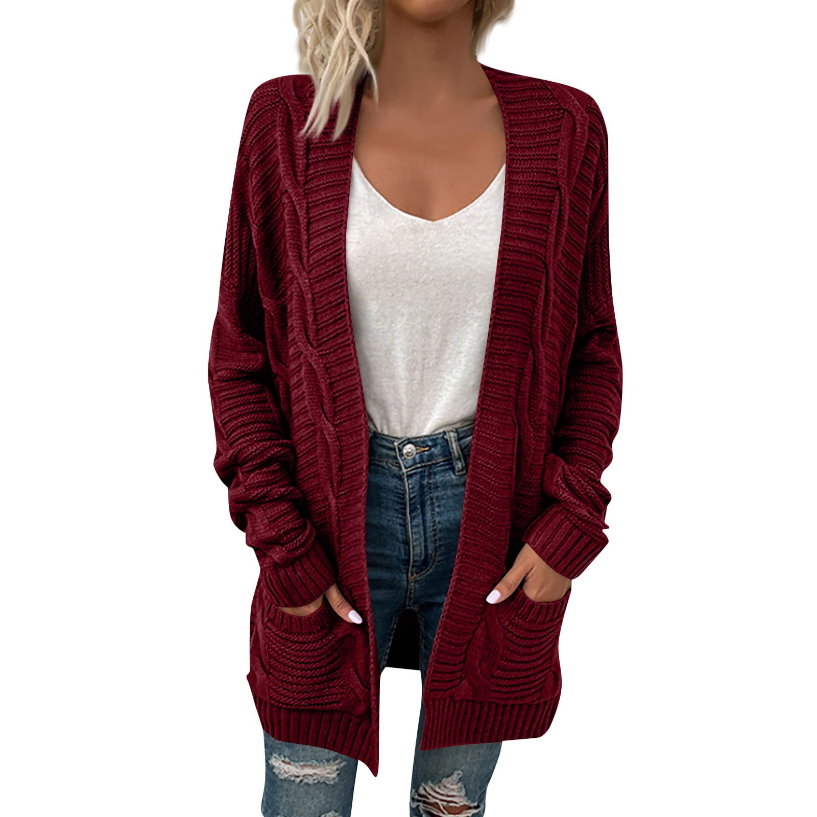Sxaura Womens Red Knit Cardigan Basic Loose Solid Color Long Cardigan ...