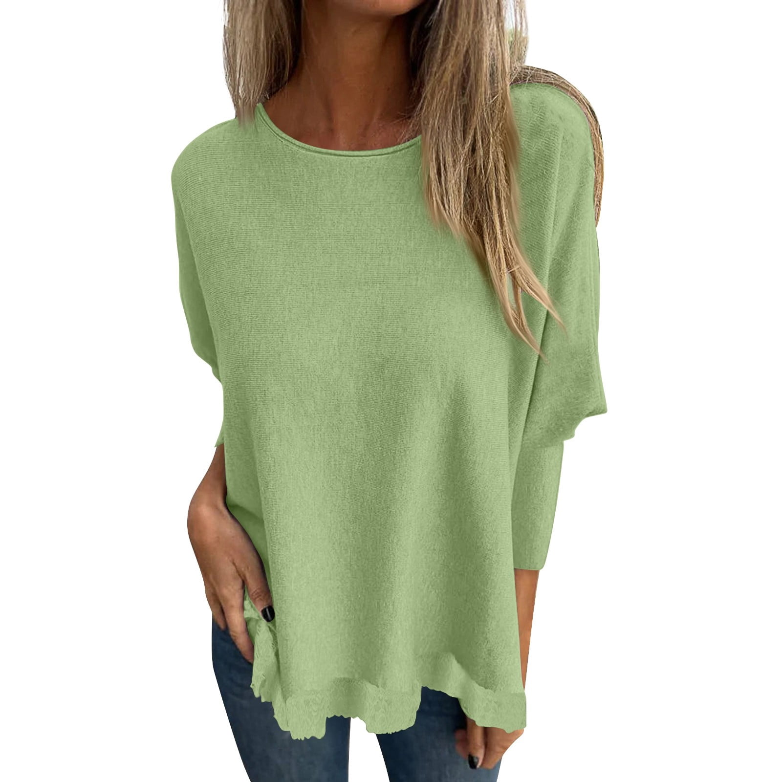 Sxaura Womens Sweater Green Workout Long Sleeve Basic Solid Color Long ...