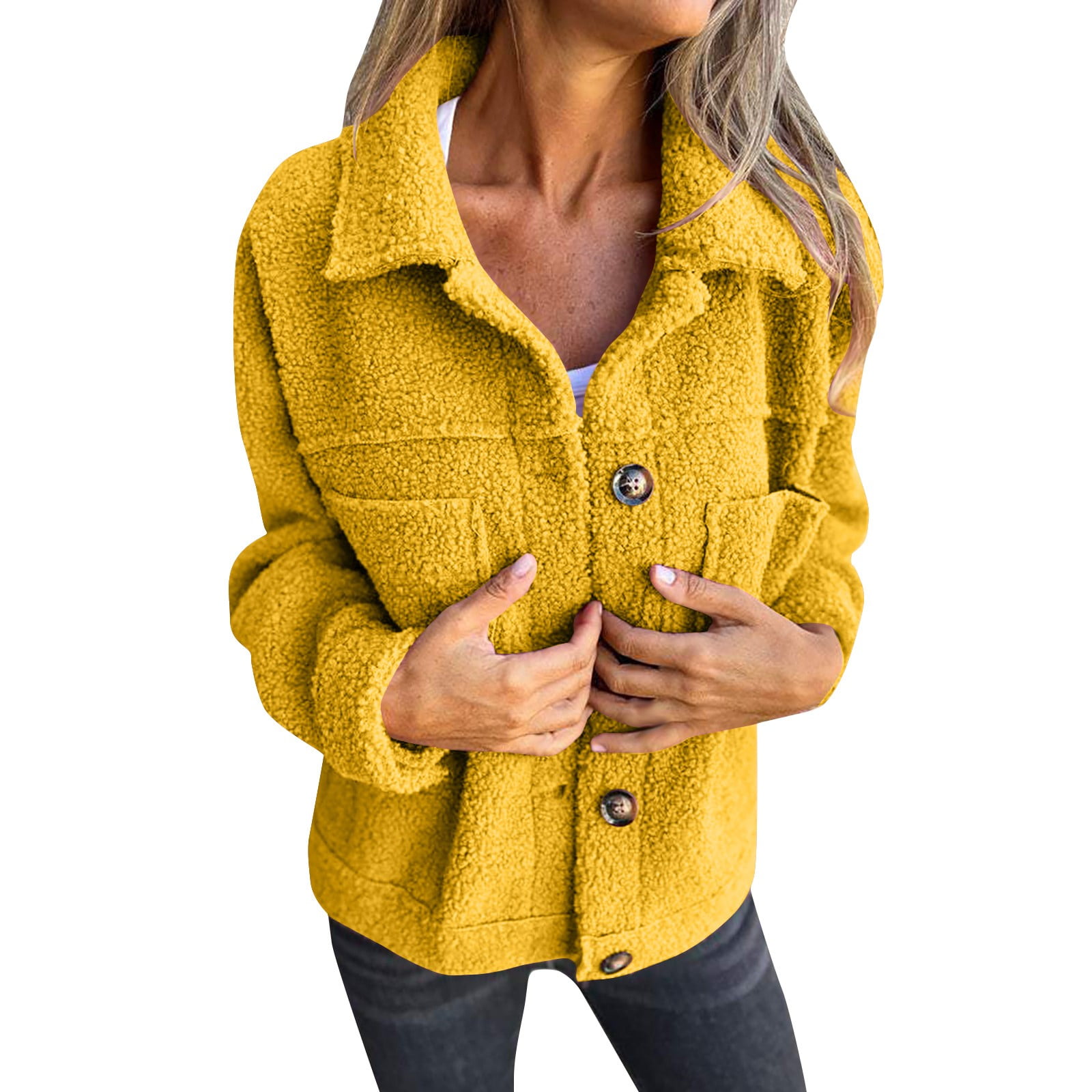 Sxaura Womens Trendy Fleece Sherpa Jacket Yellow Basic Spring Long Wool ...