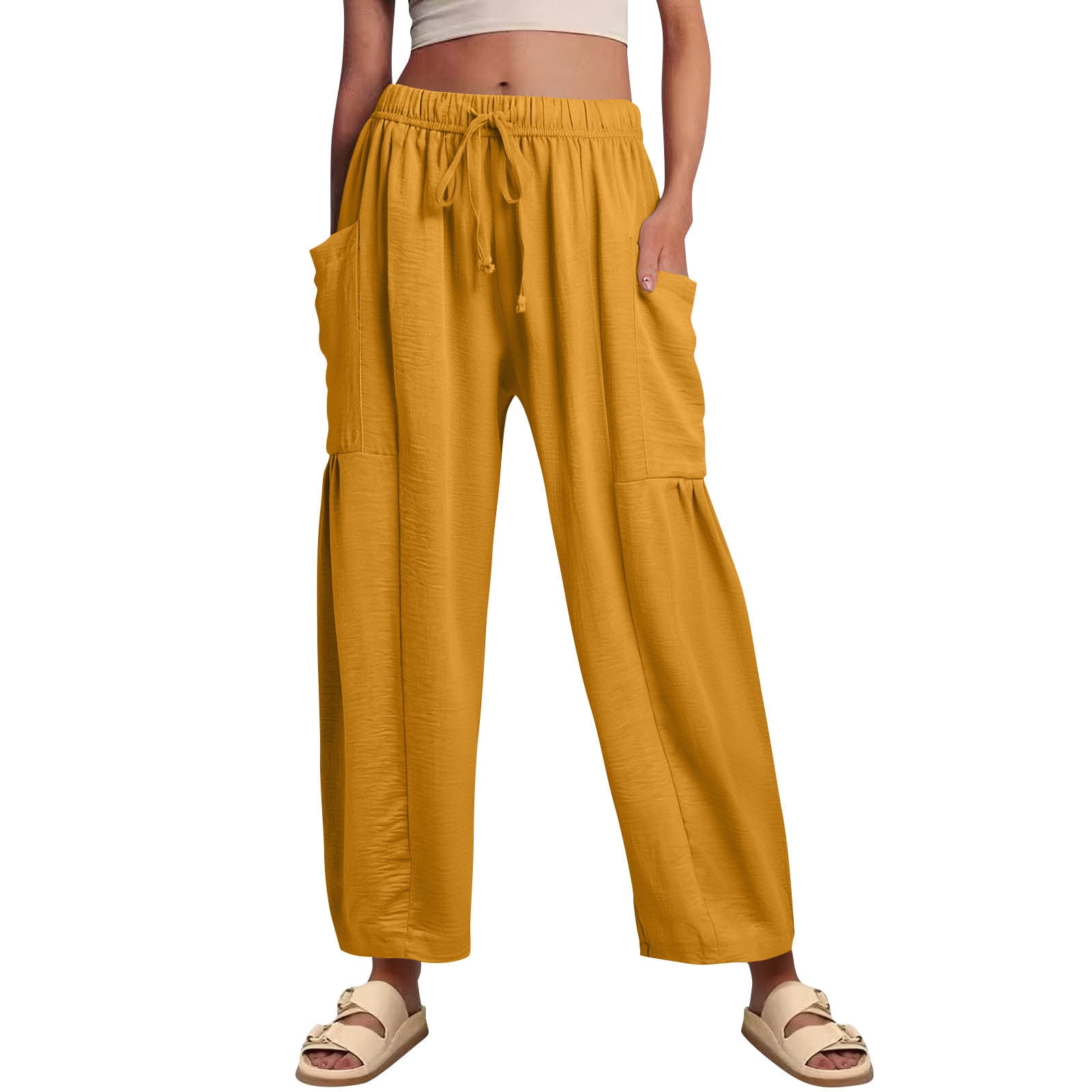 Sxaura Yellow Linen Pants for Women Summer Plus Size 2025 Wide Leg ...