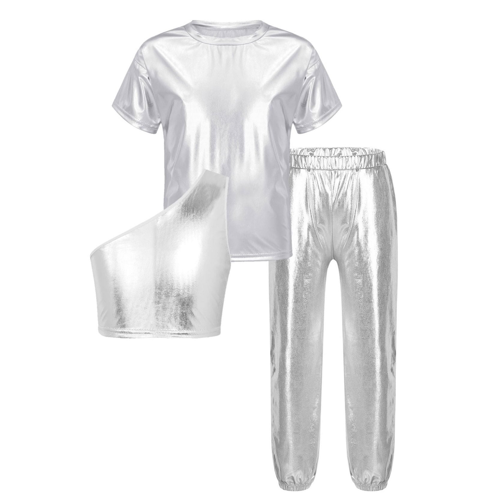 Sxiwei Kids 3 Pcs Dance Costume Outfits Shiny Metallic Jazz Modern ...