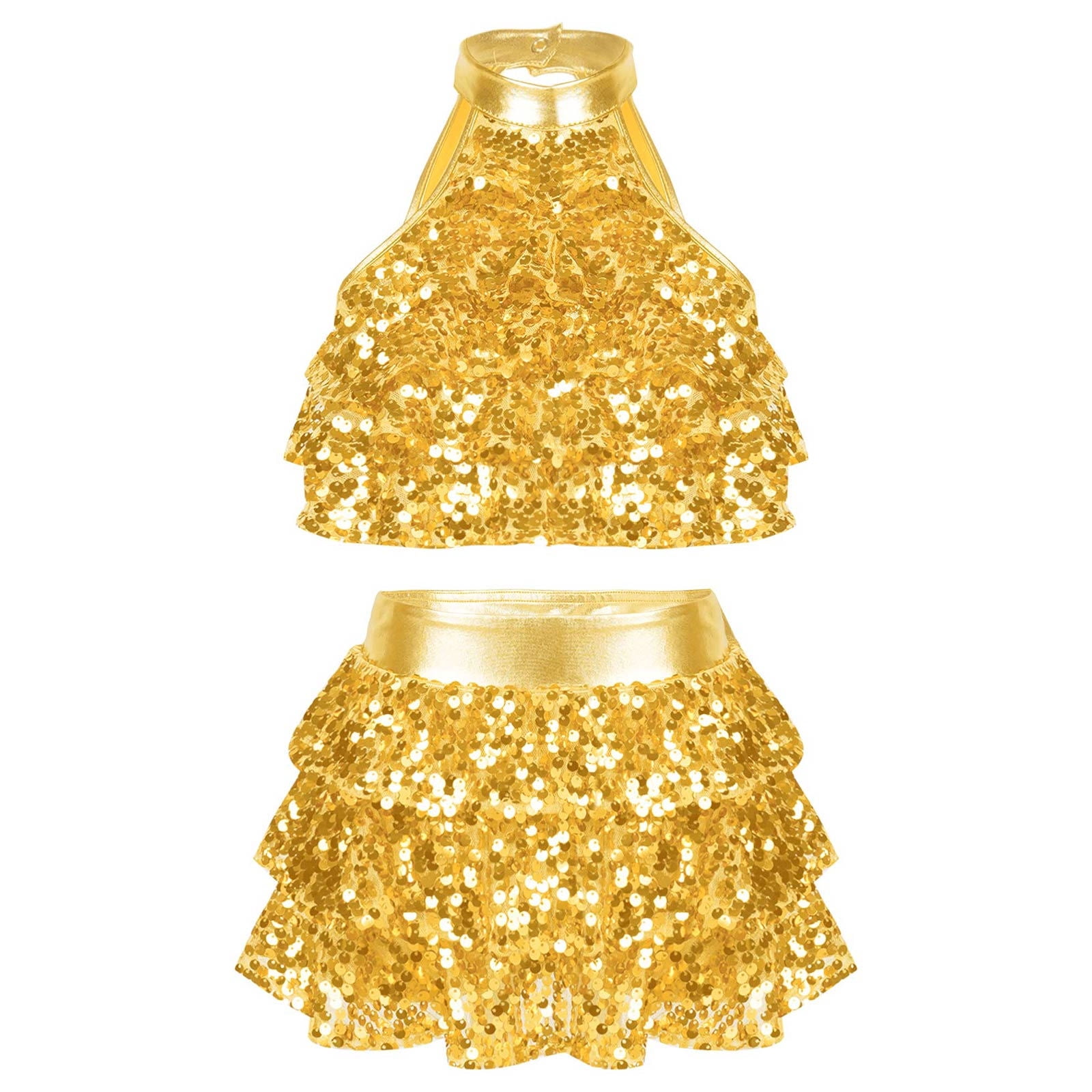 Sxiwei Kids Girls 2 Piece Dance Outfits Set Metallic Crop Top with ...
