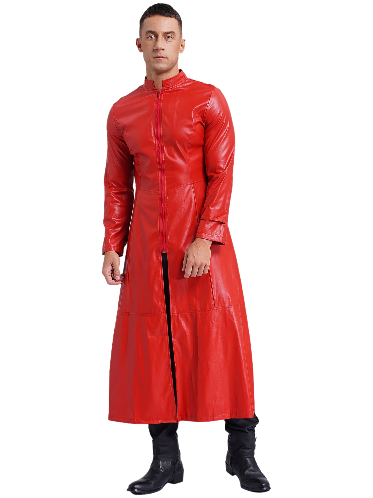 Sxiwei Man's Shiny Metallic Leather Trench Coat Long Jacket Steampunk ...