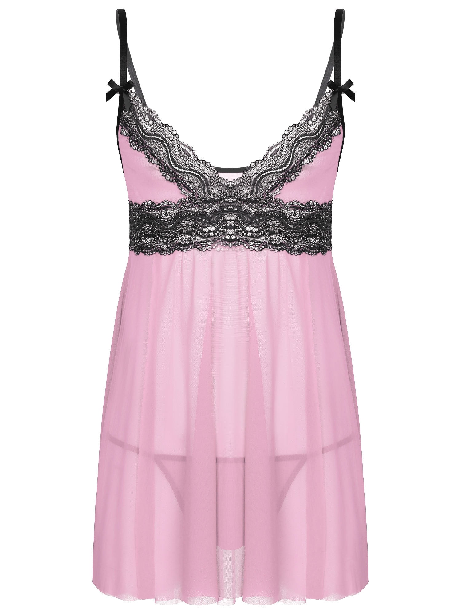 Sxiwei Men's Mesh Lace Trim Chemise Nightgown with G-string Thongs ...