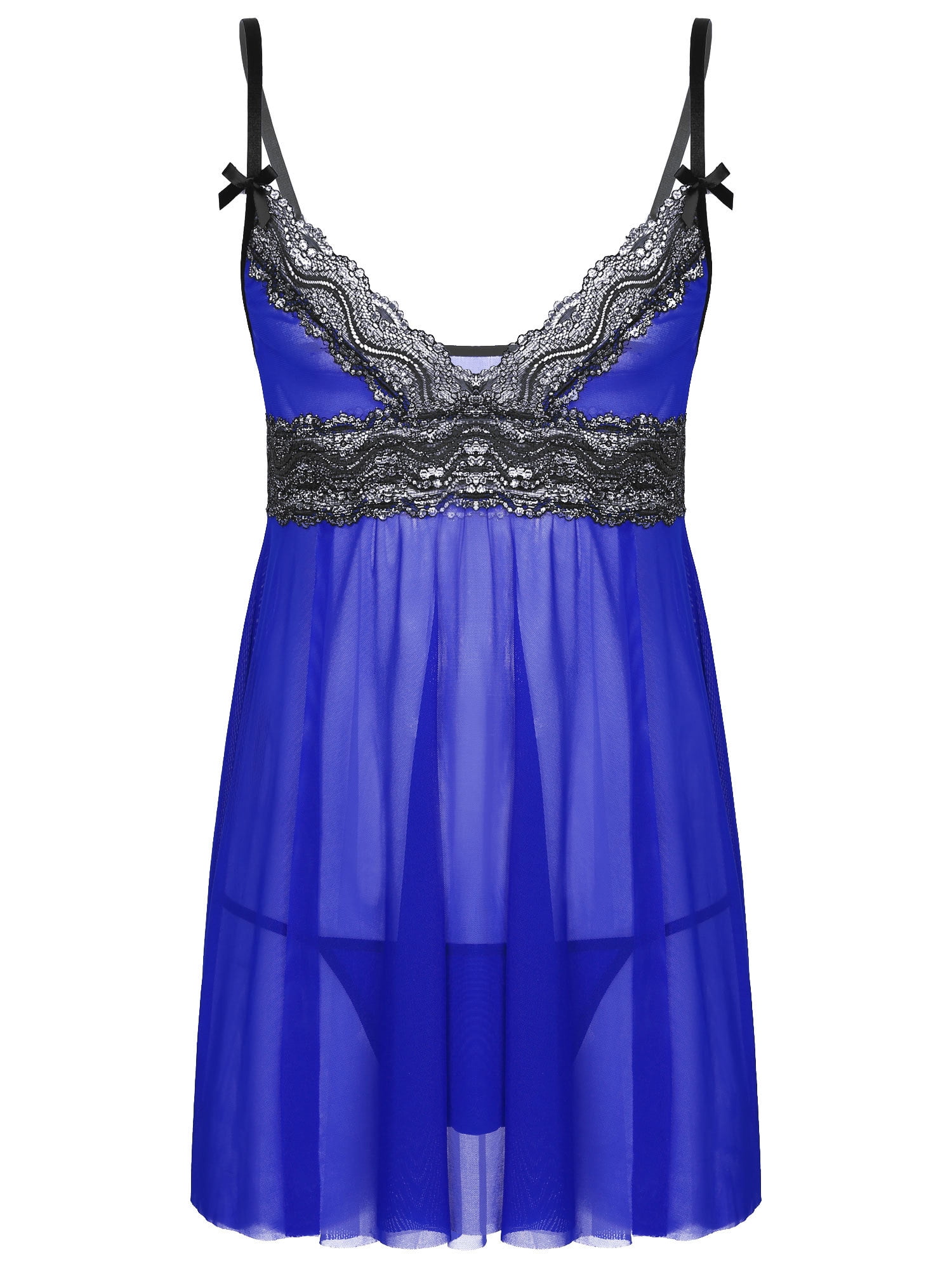 Sxiwei Mens Mesh Lace Trim Chemise Nightgown With G String Thongs Sleepwear Set Pajamas Royal