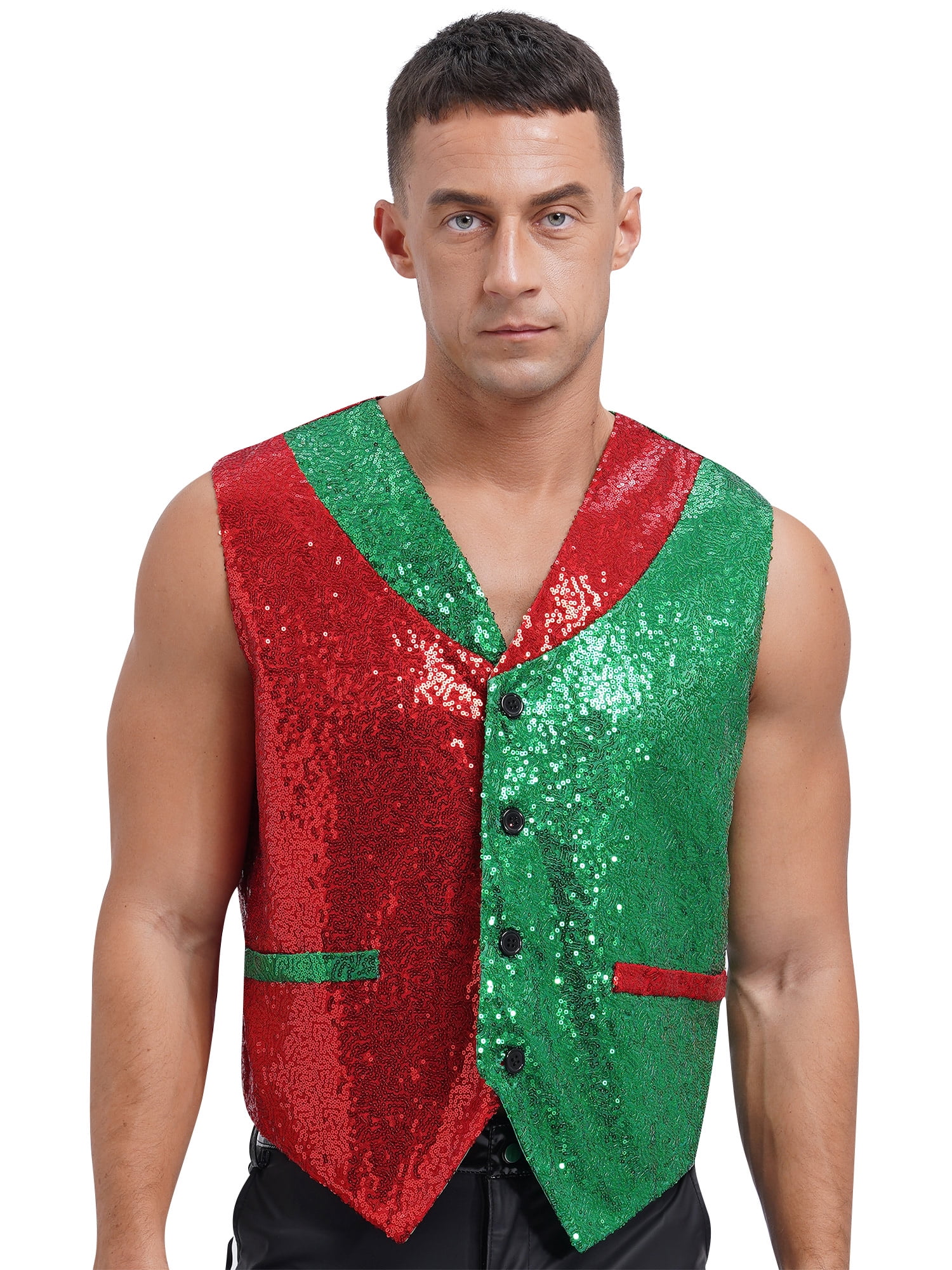 Sxiwei Mens Shiny Christmas Vest Top Color Patchwork Vest Santa Elf ...