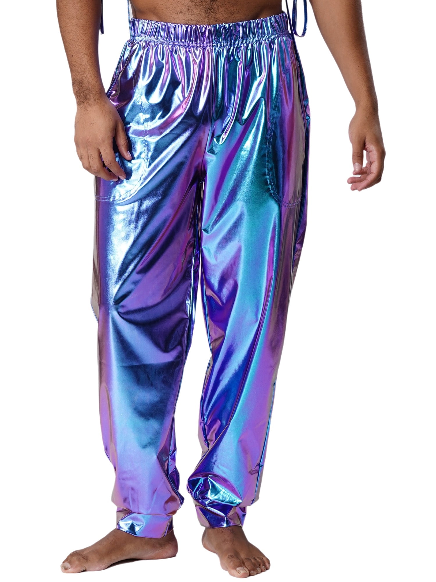 Sxiwei Mens Shiny Metallic Jogger Pants Holographic Rave Disco Dance ...