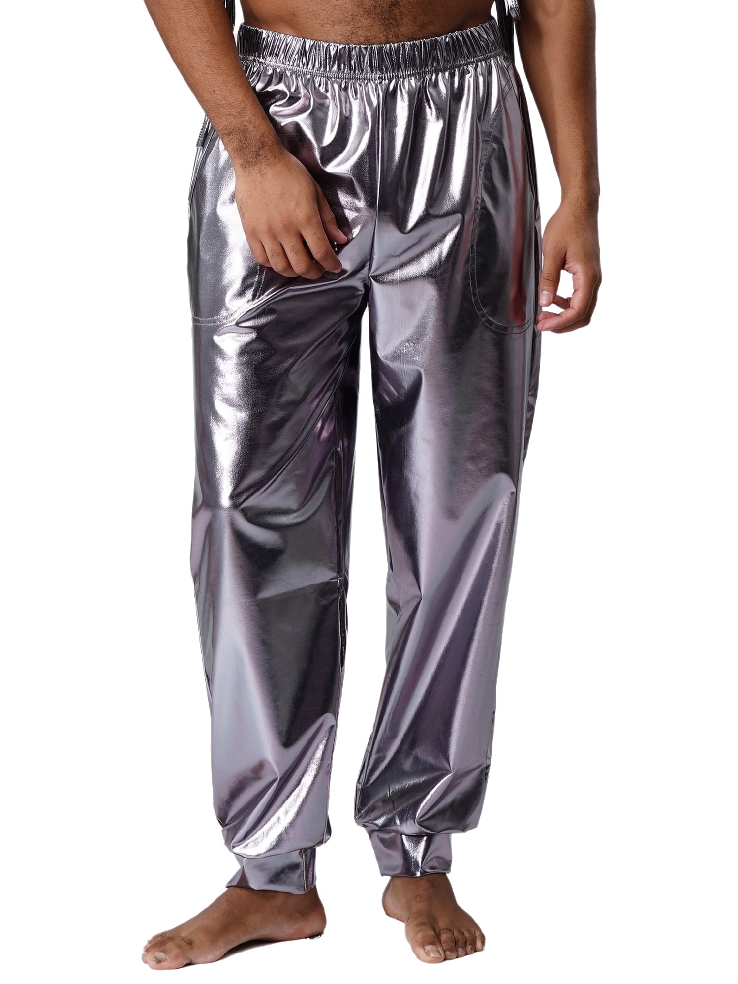 Sxiwei Mens Shiny Metallic Jogger Pants Holographic Rave Disco Dance ...