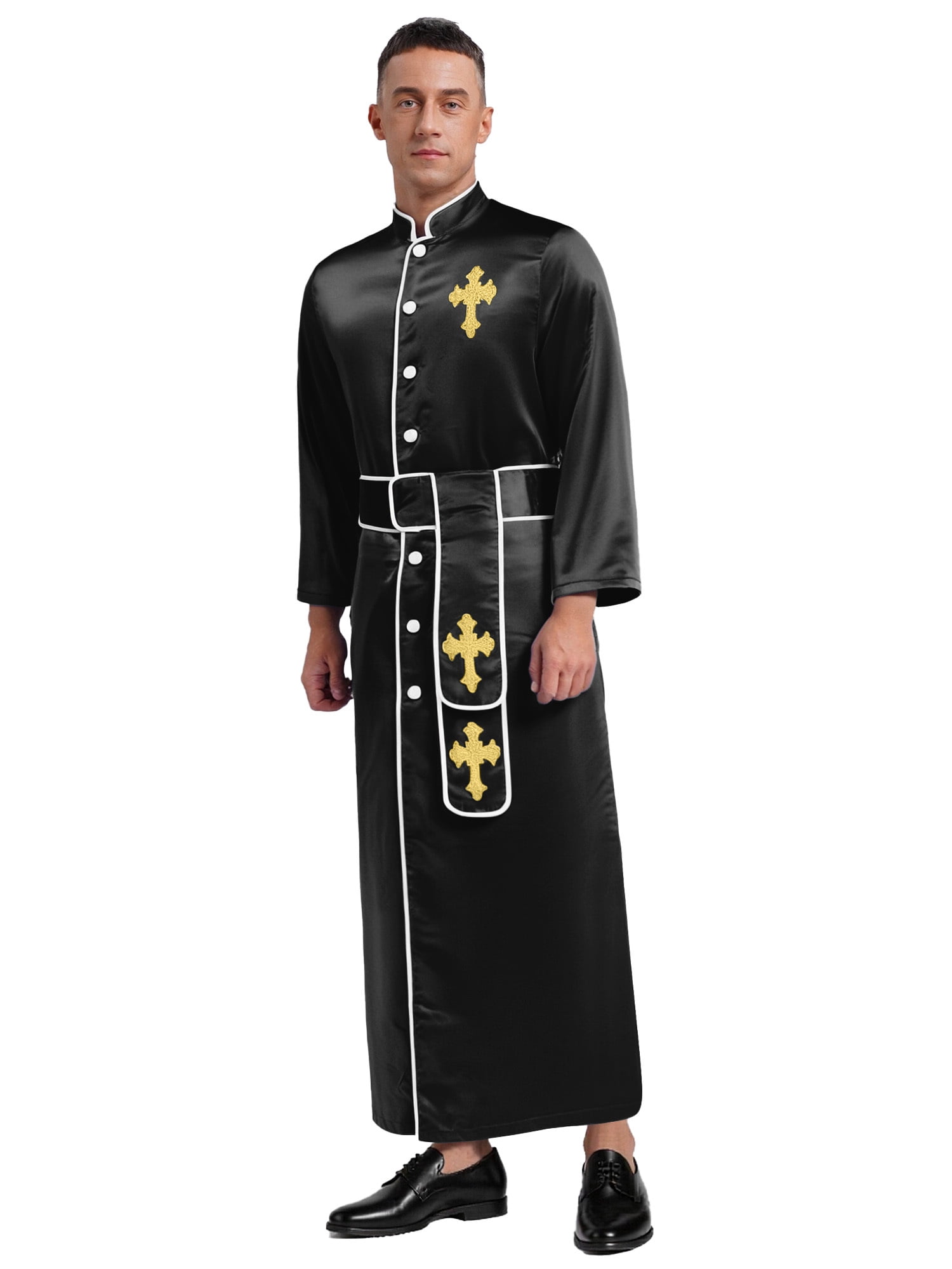 Sxiwei Mens Stand Neck Clergy Robe Church Priest Style with Belt Shiny ...