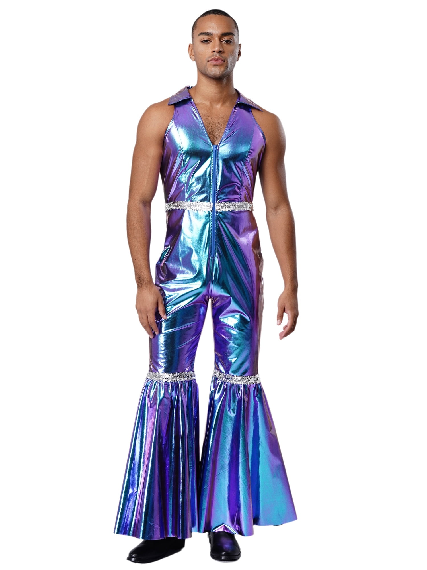 Sxiwei Retro 70s Jumpsuit for Men Sequins Shiny Bell Bottom Disco ...