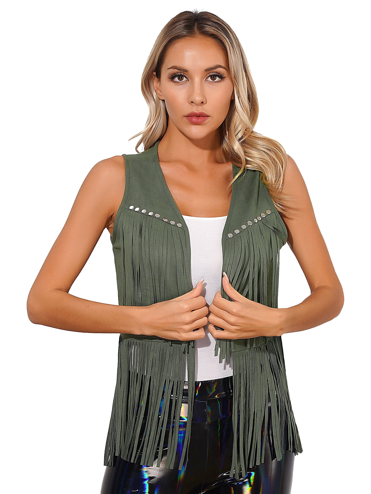 Sxiwei Tassel Vest for Women Cowgirl 70s Hippie Costume Faux Suede Rivets Sleeveless Fringe ...