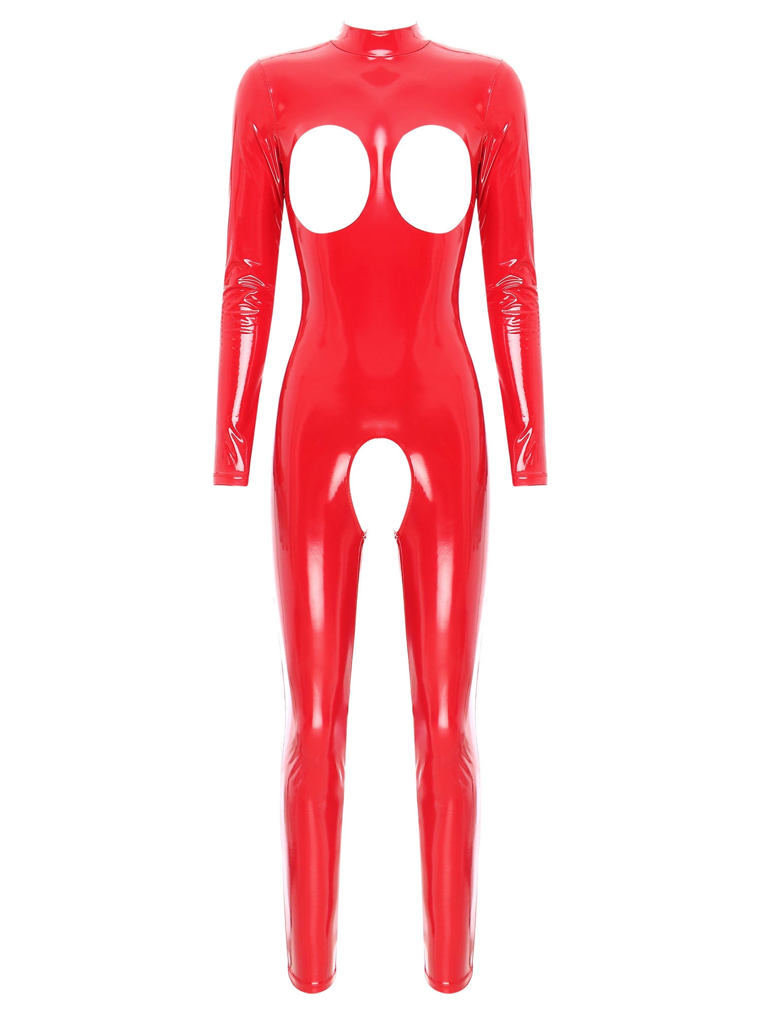 Sxiwei Womans Latex Jumpsuit Wet Look Patent Leather Hollow Out Long