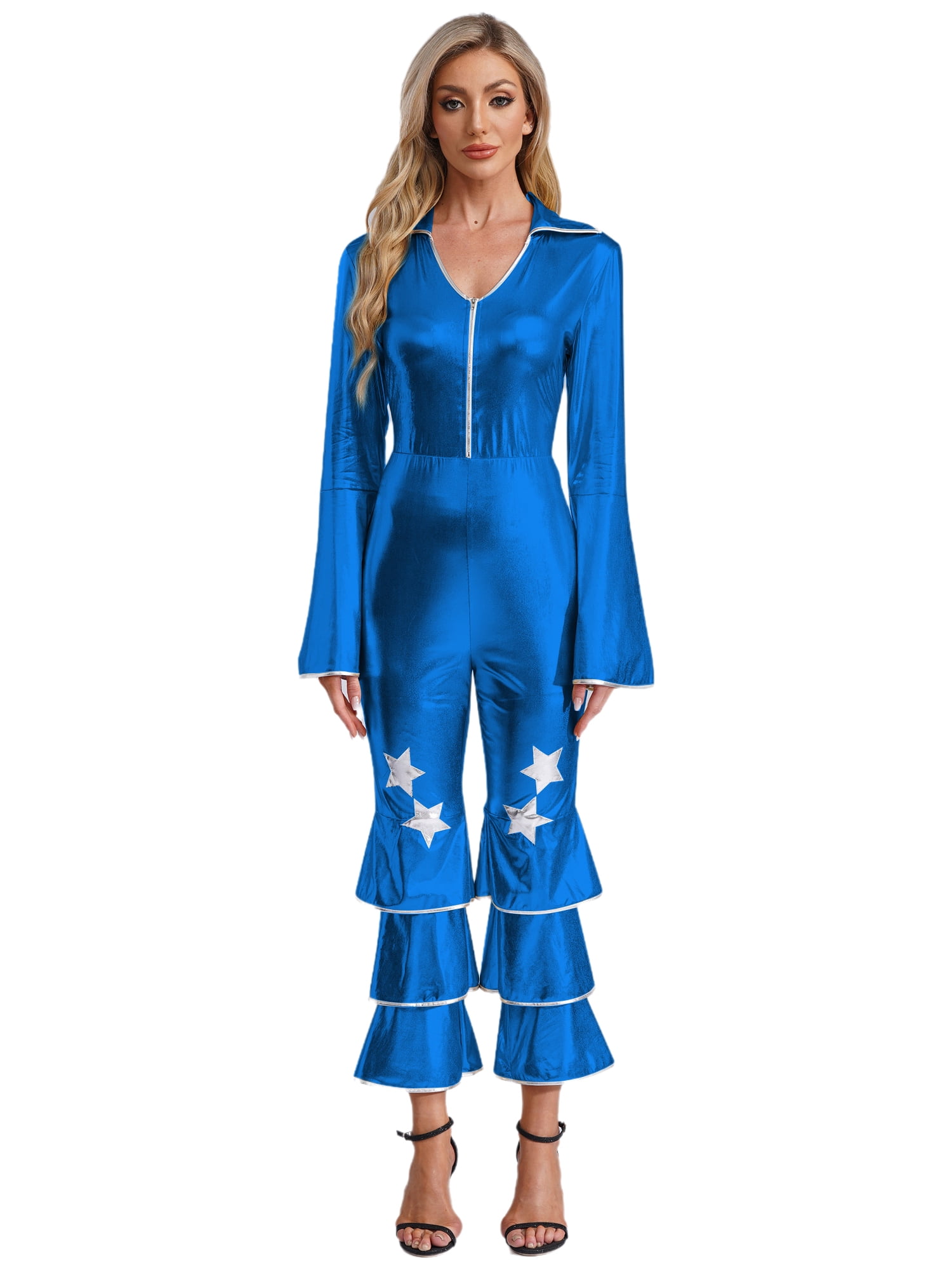 Sxiwei Women 70s 80s Disco Costume Long Sleeve Metallic Dance Jumpsuit ...