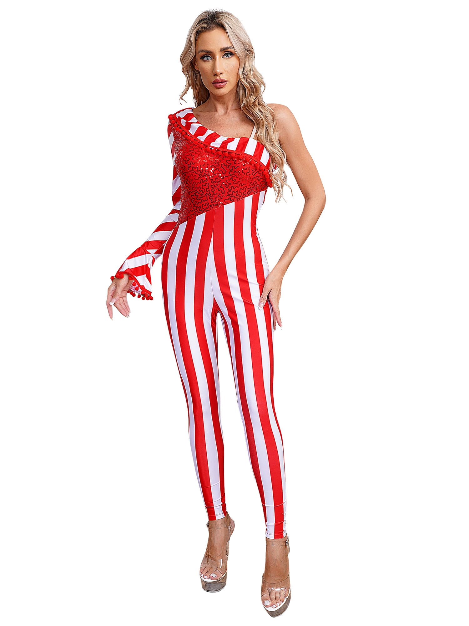 Sxiwei Women Christmas Candy Cane Costume One Shoulder Stripes Bodysuit ...