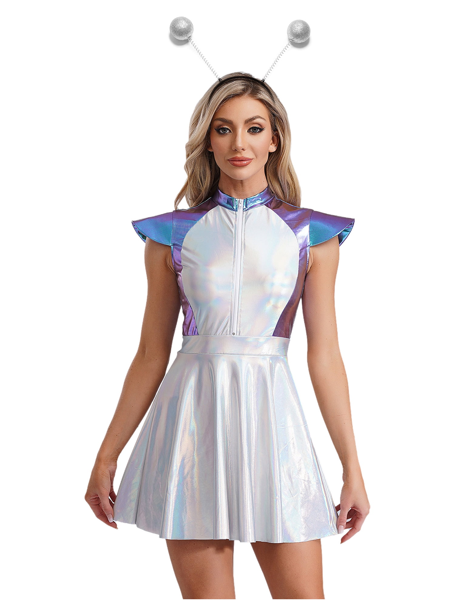Sxiwei Women Metallic Shiny Rave Dress Cosplay Suit Halloween Alien ...