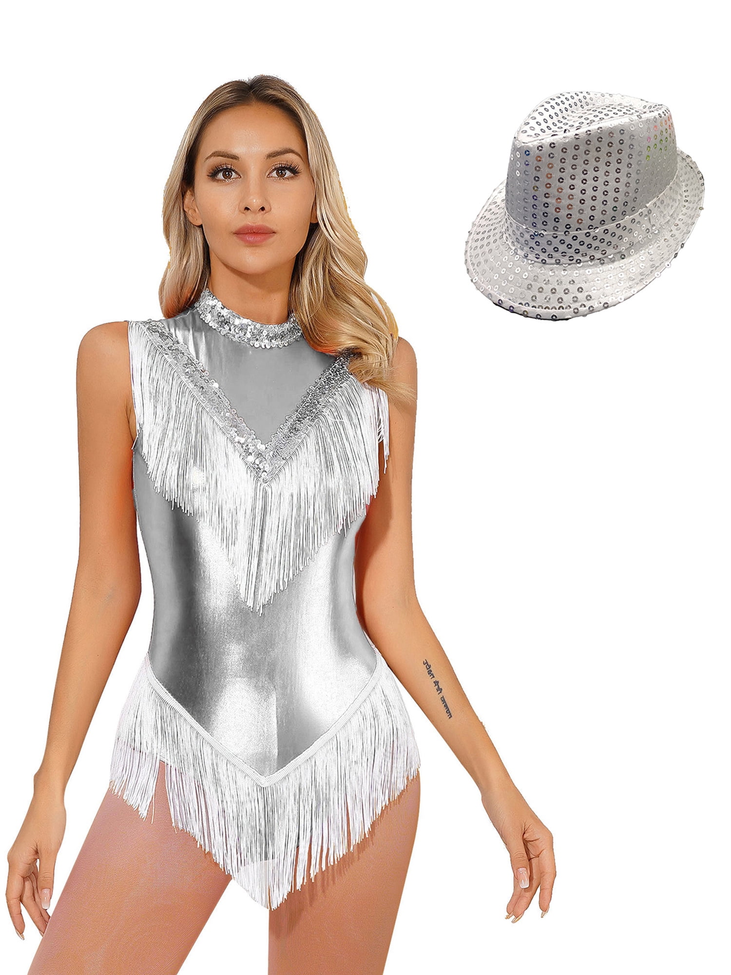 Sxiwei Women Sequin Fringe Latin Dance Leotard Sleeveless Metallic Bodysuit Cha Cha Salsa Tango ...