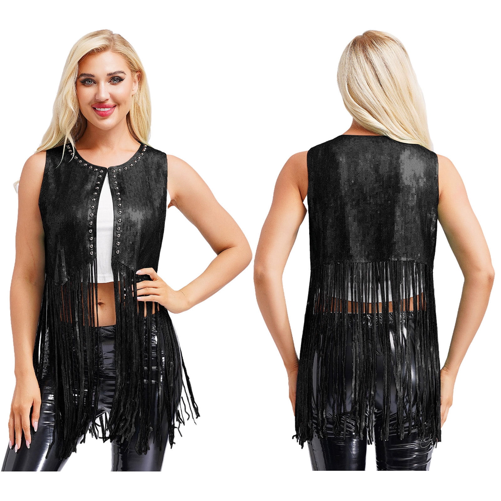 Sxiwei Women Vintage Western Fringe Vest Cowgirl 70s Hippie Vest Tassel Country Concert Fringe ...