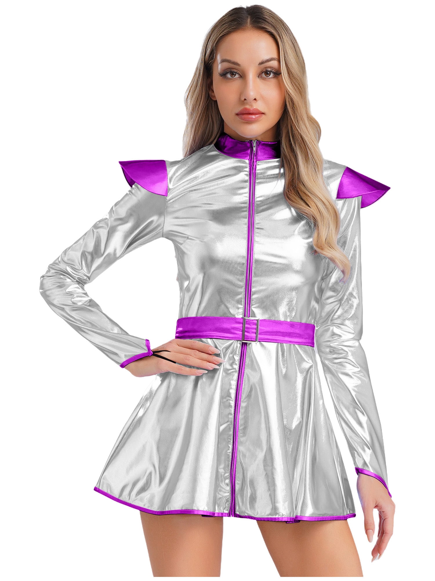 Sxiwei Women's Alien Costume Outer Space Cadet Cosplay Shiny Metallic ...