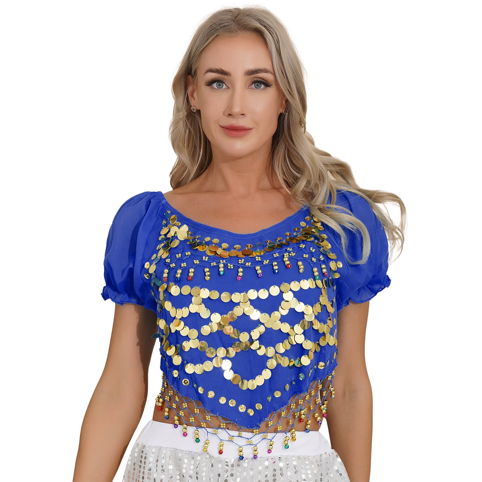 Sxiwei Women's Belly Dance Costume Sequin Crop Top Lace-Up Short Puff ...