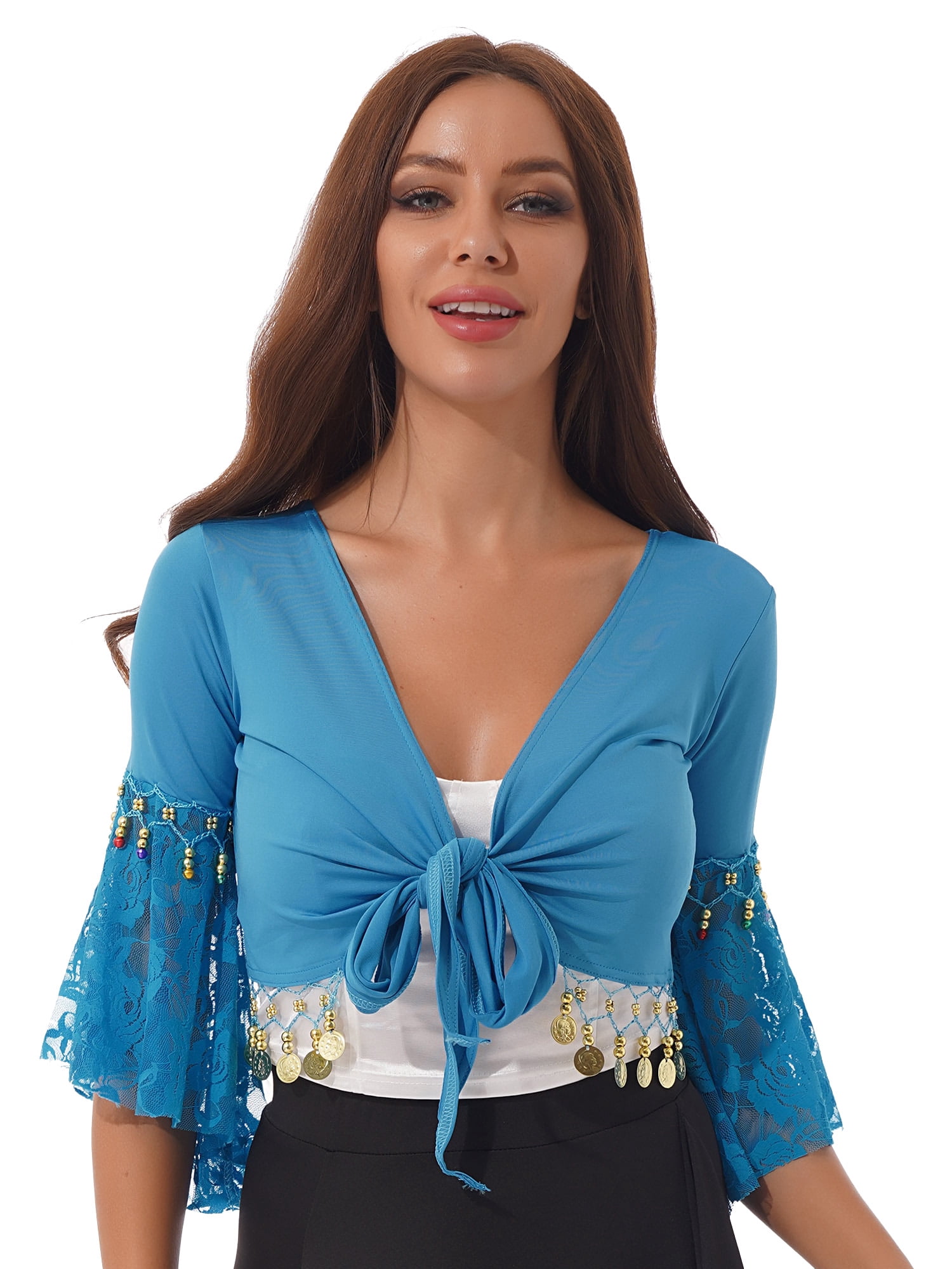 Sxiwei Women's Belly Dance Tops Shawl Indian Lace-Up Crop Tops Tied Up ...