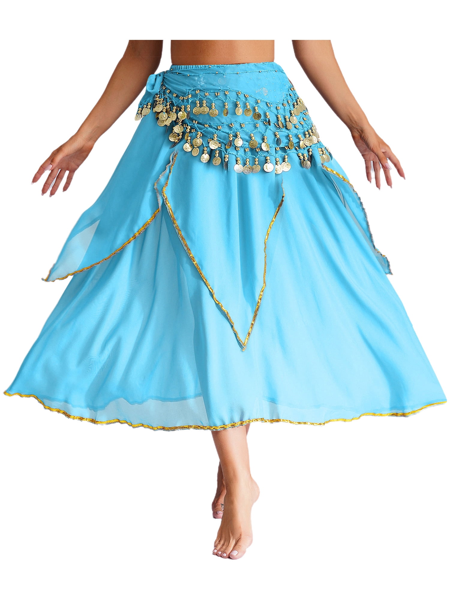 Sxiwei Women's Chiffon Belly Dance Skirt with Sequin Tassel Lace-Up Hip ...