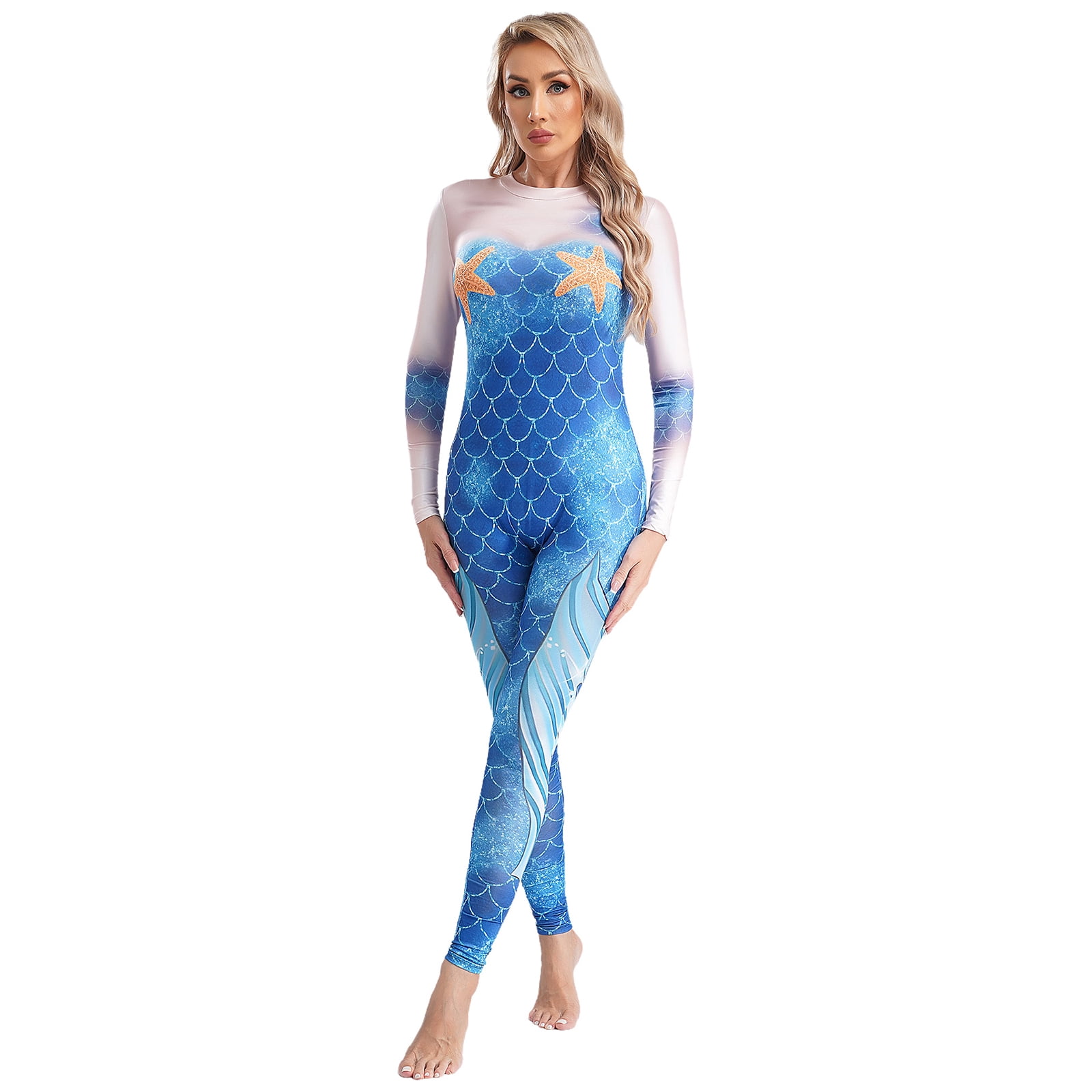 Sxiwei Women's Fish Scale Print Jumpsuit Mermaid Costume Long Sleeve ...
