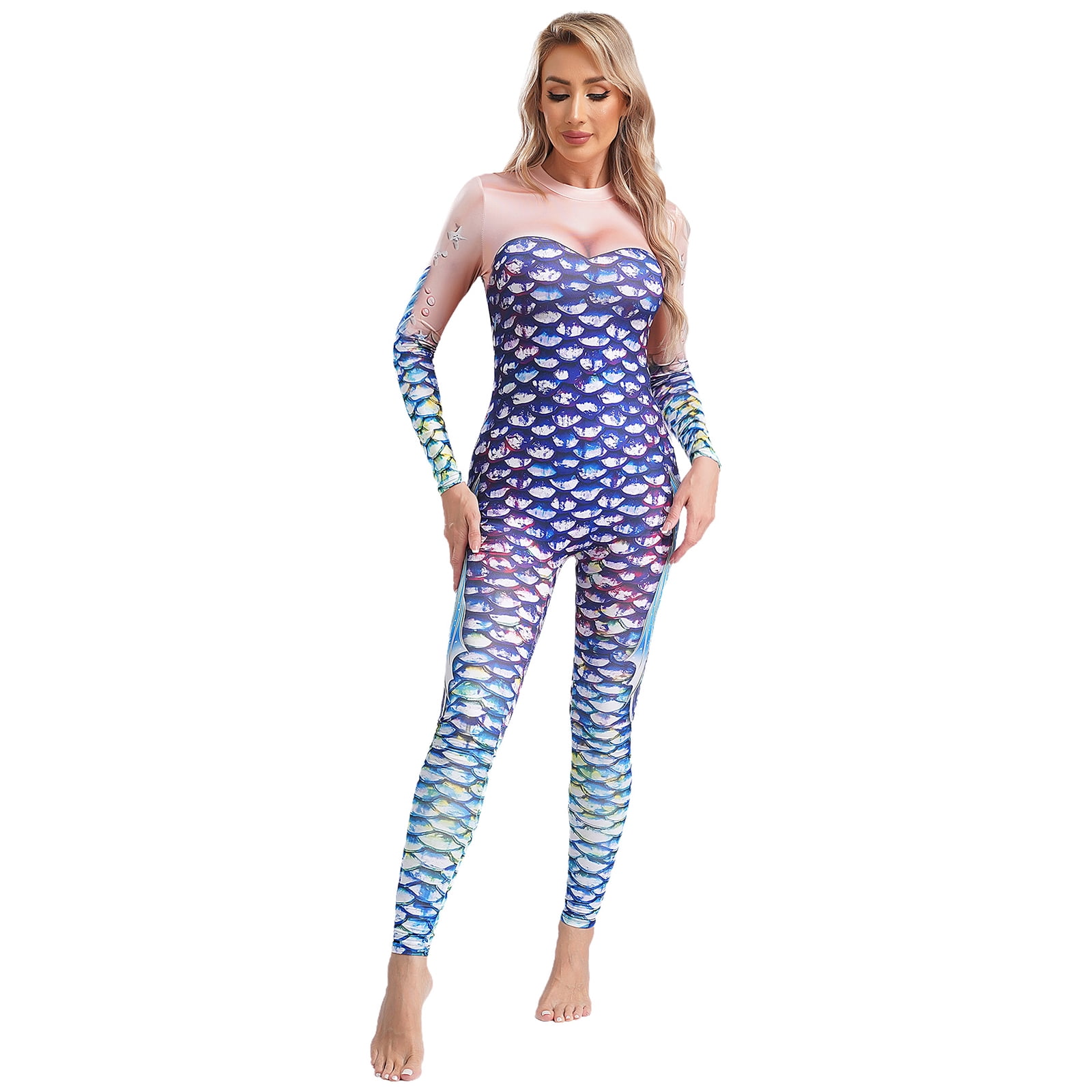 Sxiwei Women's Fish Scale Print Jumpsuit Mermaid Costume Long Sleeve ...