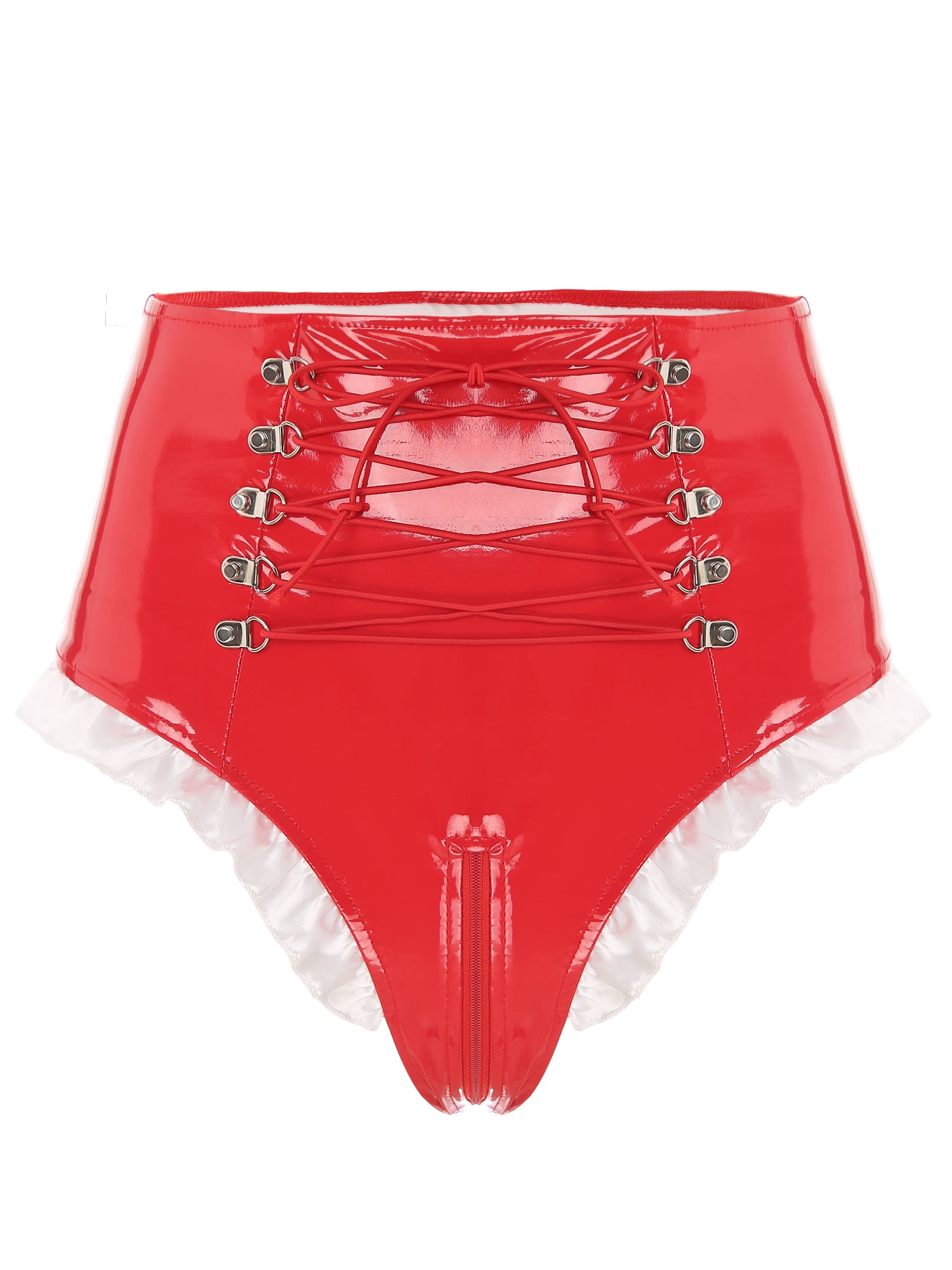 Sxiwei Women's High Waist PVC Shiny Zipper Crotch Briefs Hot Pants Lace ...