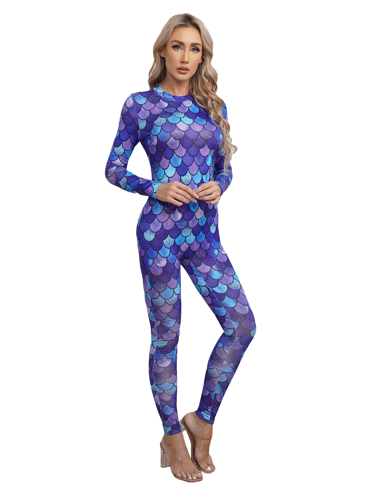Sxiwei Women's Mermaid Jumpsuit Fish Scales Print Catsuit Long Sleeve ...