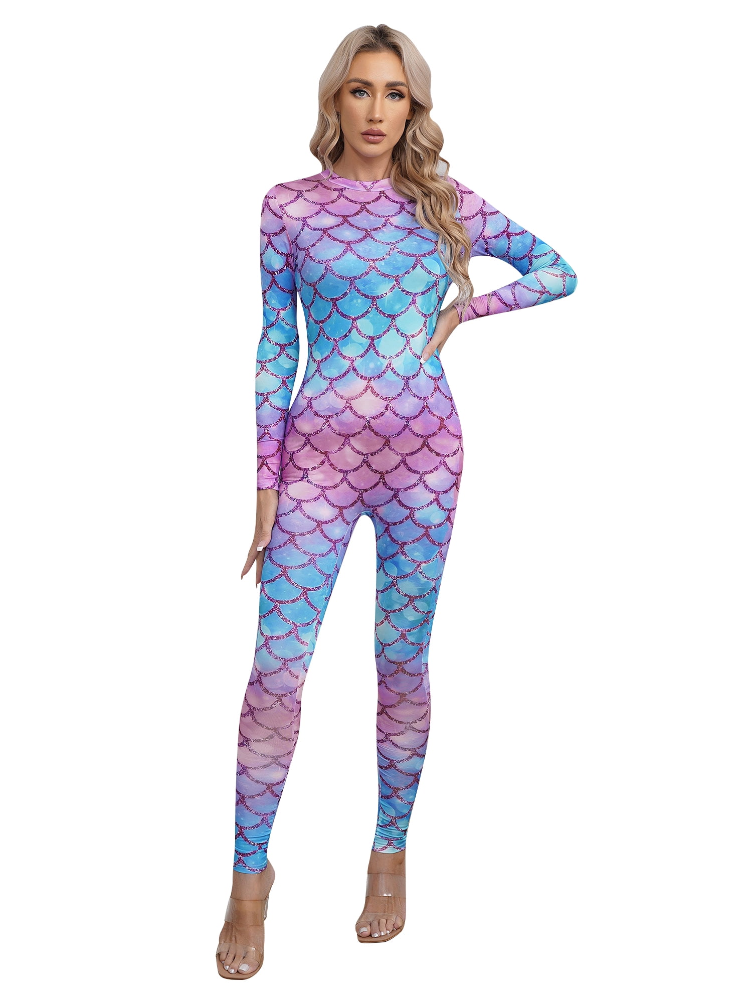 Sxiwei Women's Mermaid Jumpsuit Fish Scales Print Catsuit Long Sleeve ...