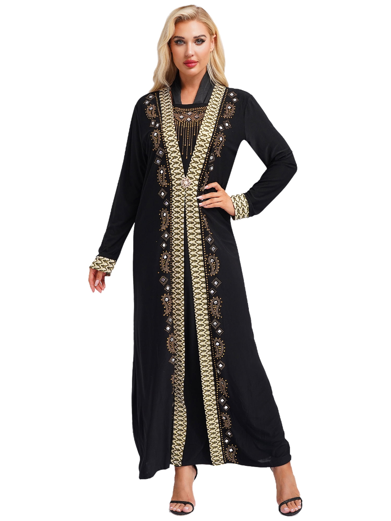 Sxiwei Women's Muslim Kaftan Abaya Dress Long Sleeve Maxi Dress Middle ...