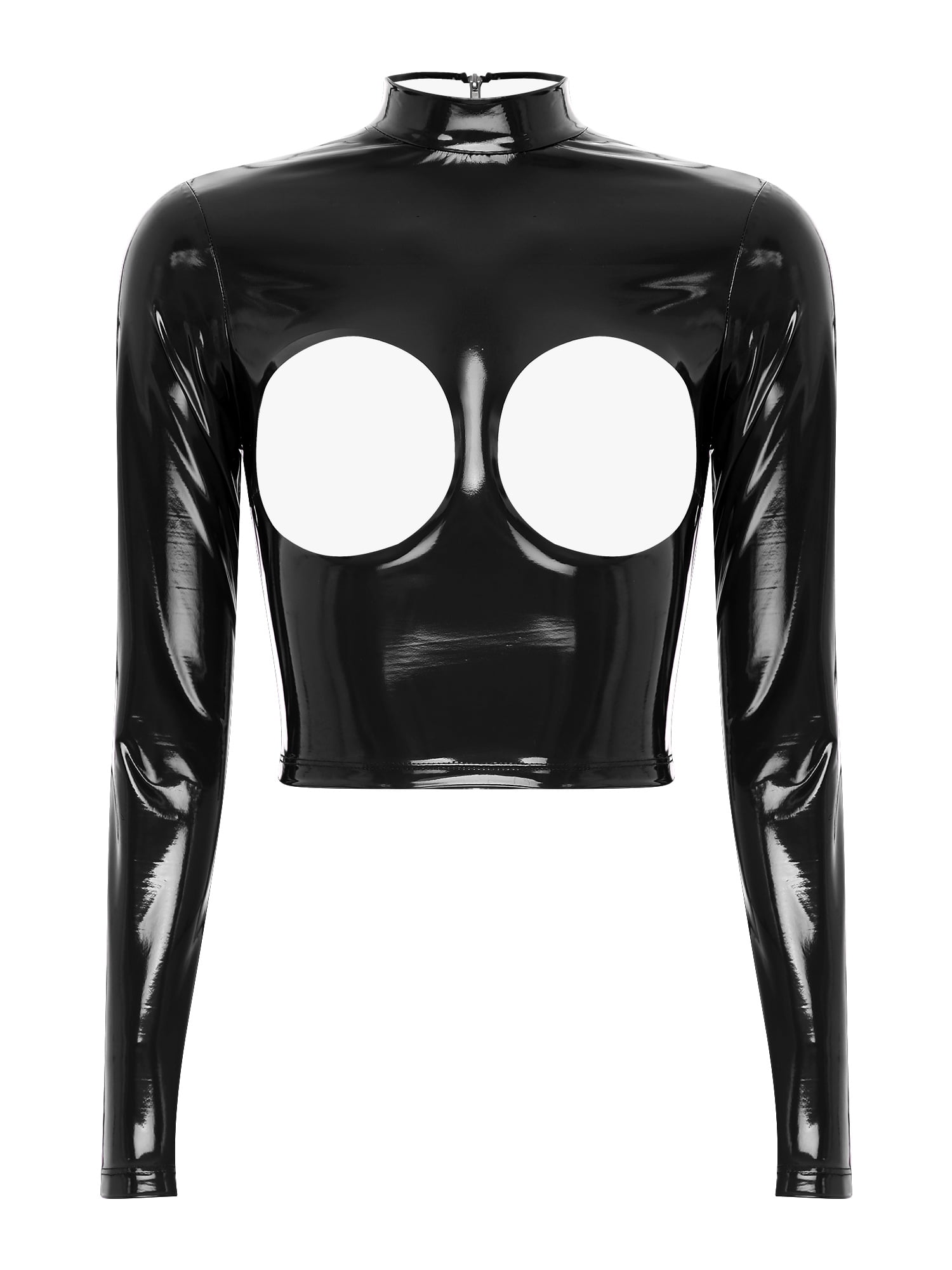 Sxiwei Women's Patent Leather Latex Shiny Bare Breast Top Wetlook Long Sleeve Back Zipper Tights ...