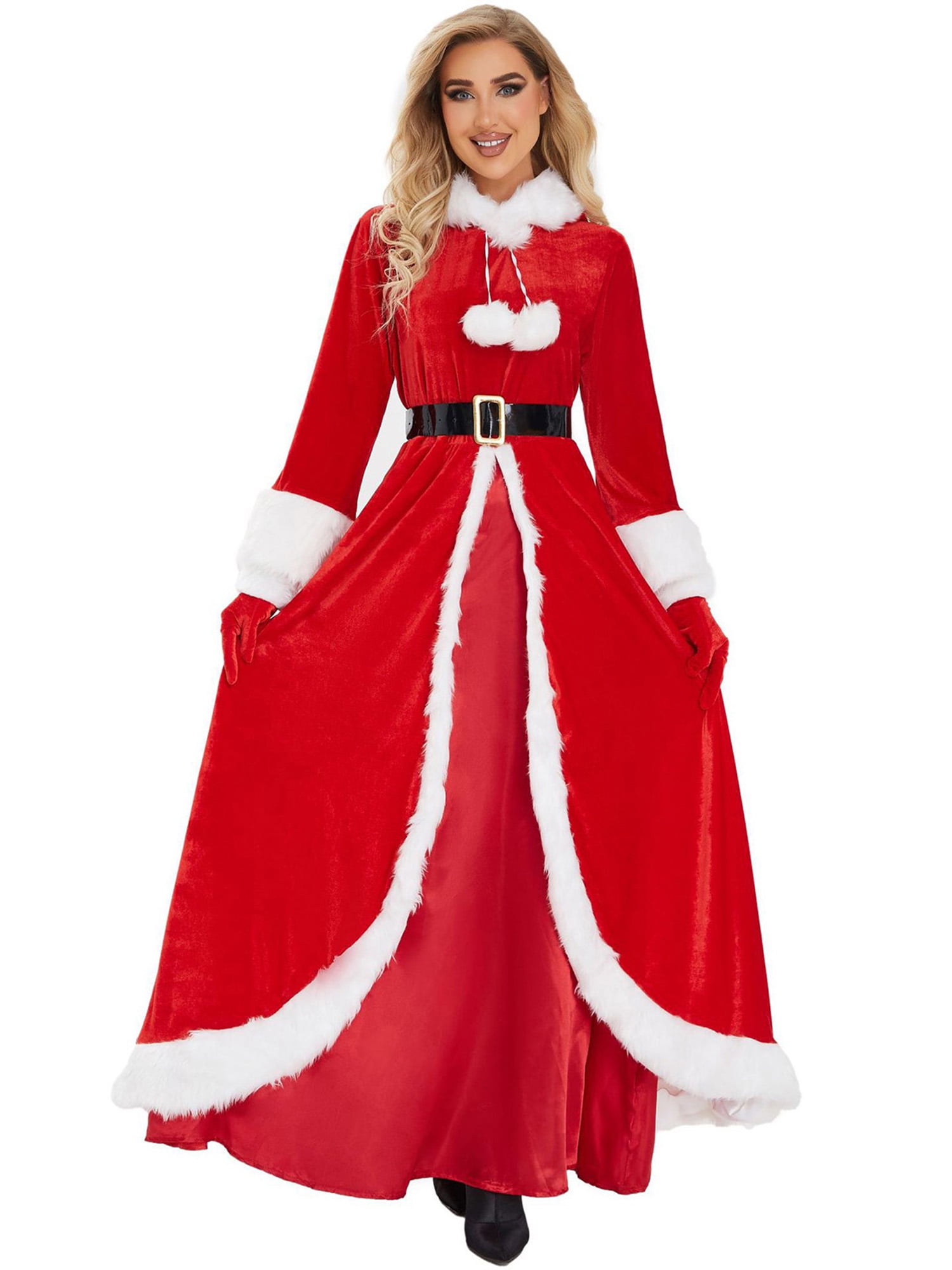 Sxiwei Women's Santa Costume Mrs. Claus Christmas Costume White Trim ...