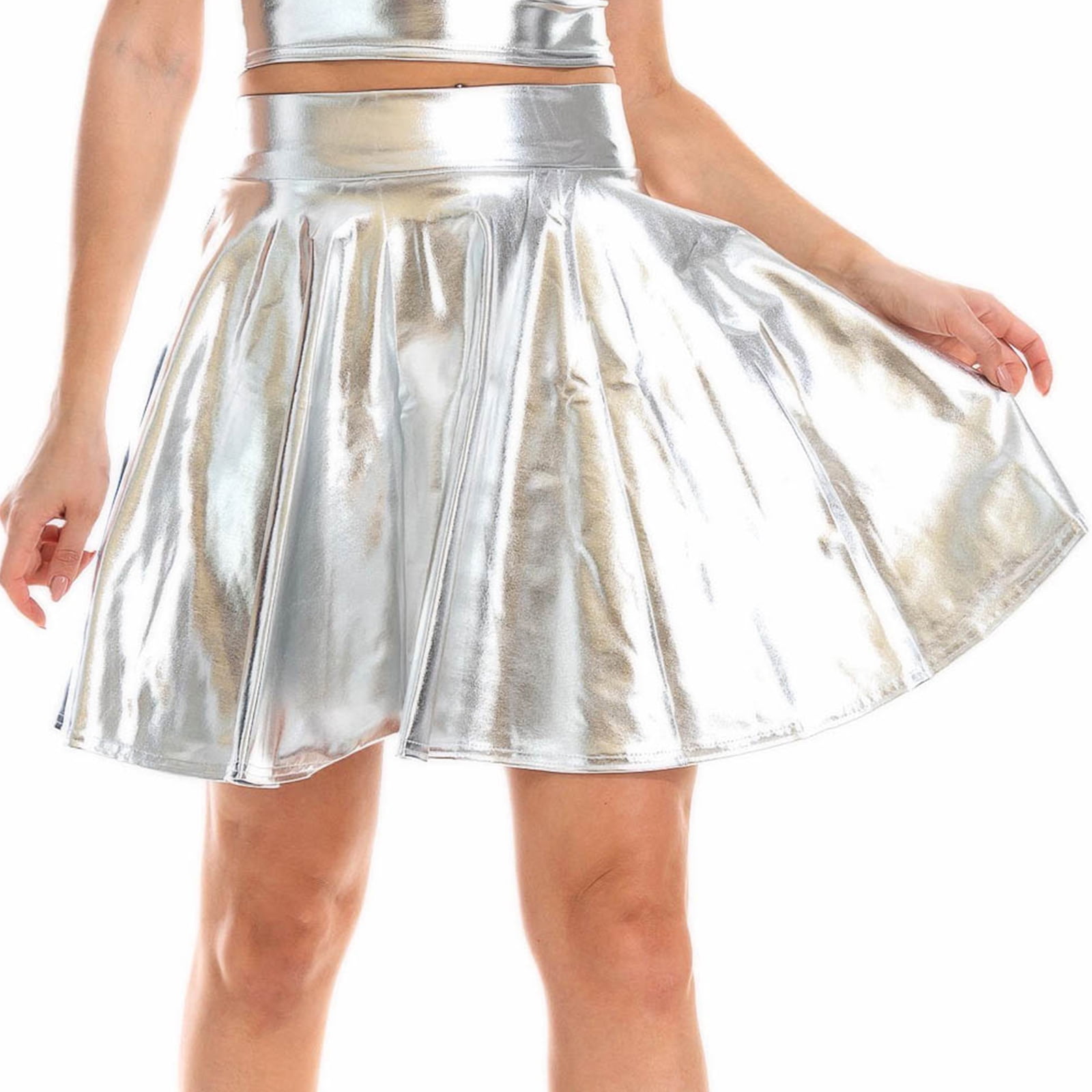 Sxiwei Women's Shinny Metallic High Waist Flare Skirt Glossy Flared ...