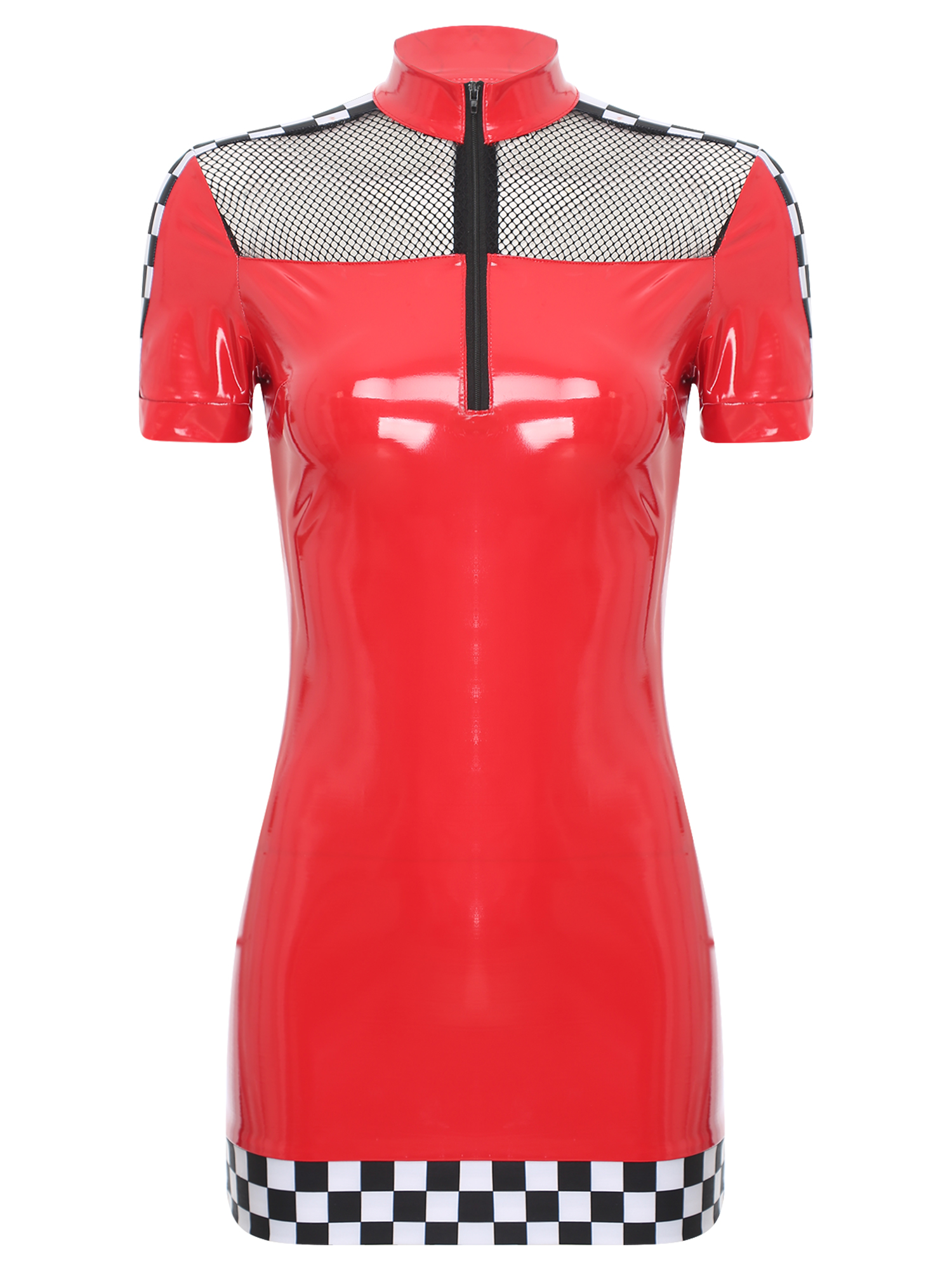 Sxiwei Women's Shiny Leather Speed Race Car Dress Mesh Sheer ...