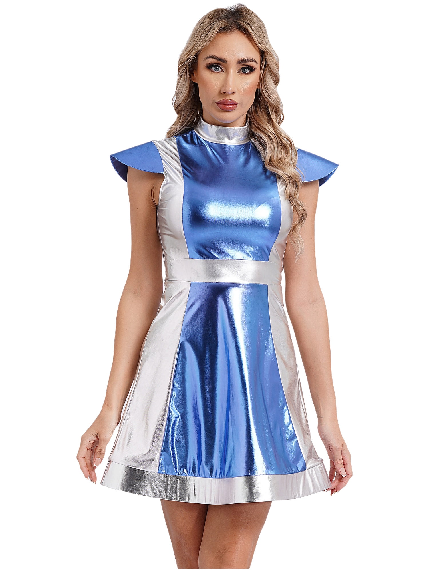 Sxiwei Women's Space Fighter Alien Costume Shiny Metallic Skater Dress ...