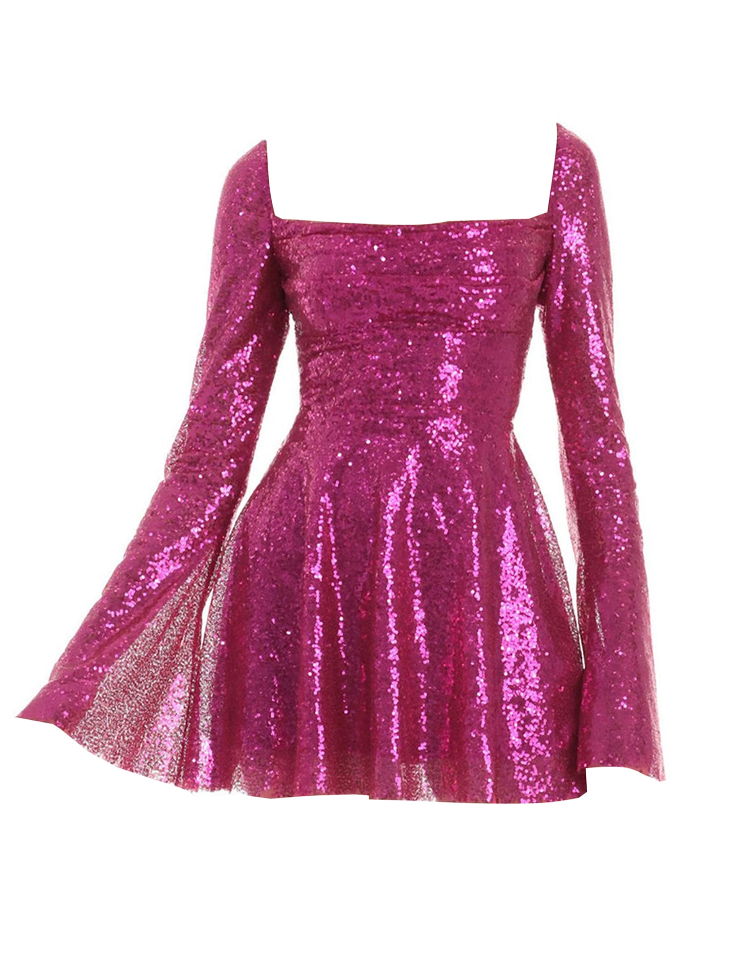 Sxiwei Women's Sparkly Sequin Square Neck Long Sleeve Mini Dress Ruffle ...
