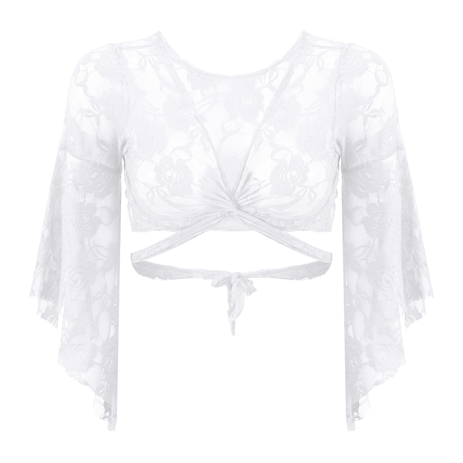 Sxiwei Womens 3/4 Flare Sleeve Lace Belly Dance Tops Open Tie Front ...